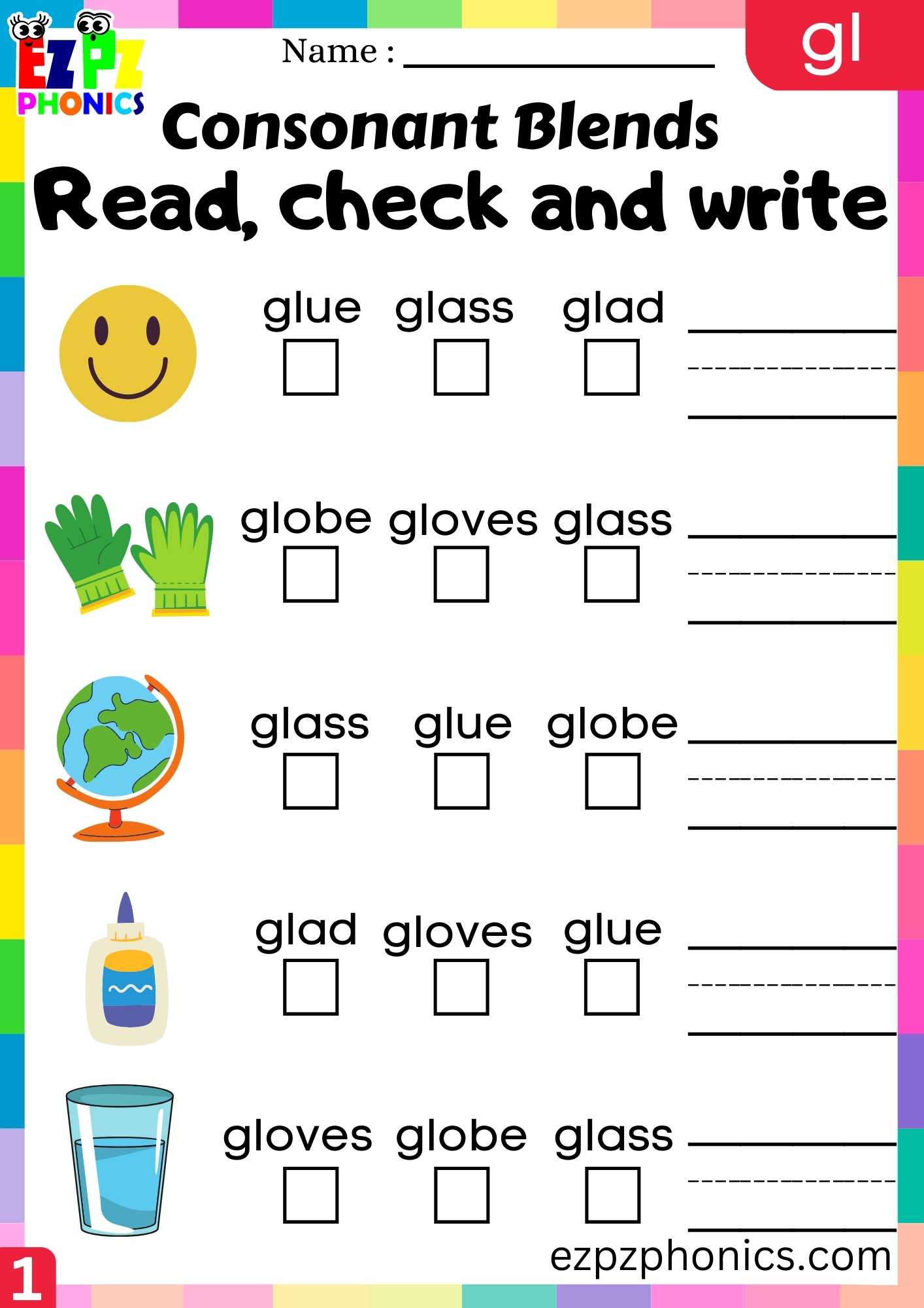 Group1 GL Words Read, Check And Write Phonics Consonant Blends ...
