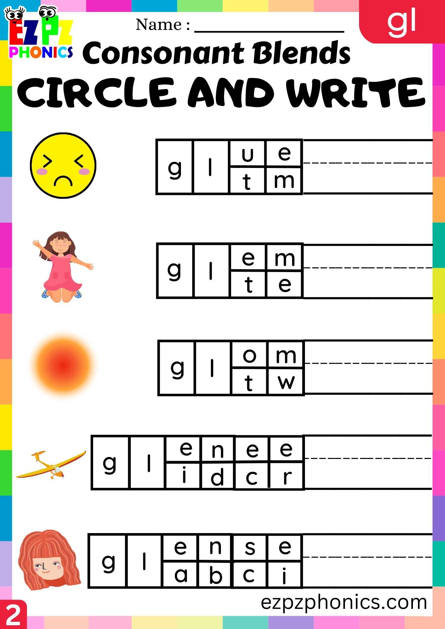Group2 GL Words Circle And Write Phonics Consonant Blends Worksheet ...