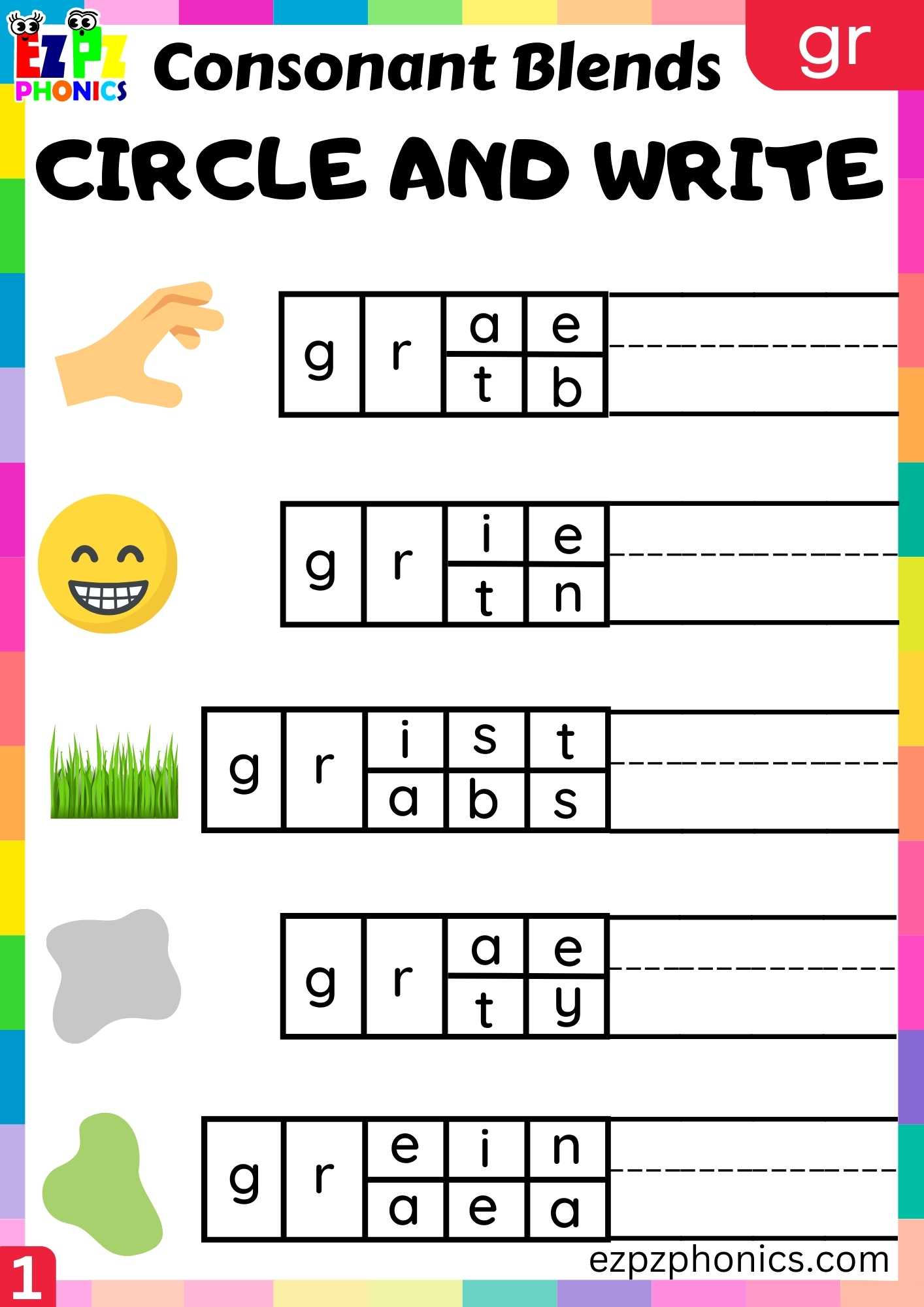 Group1 GR Words Circle And Write Phonics Consonant Blends Worksheet ...