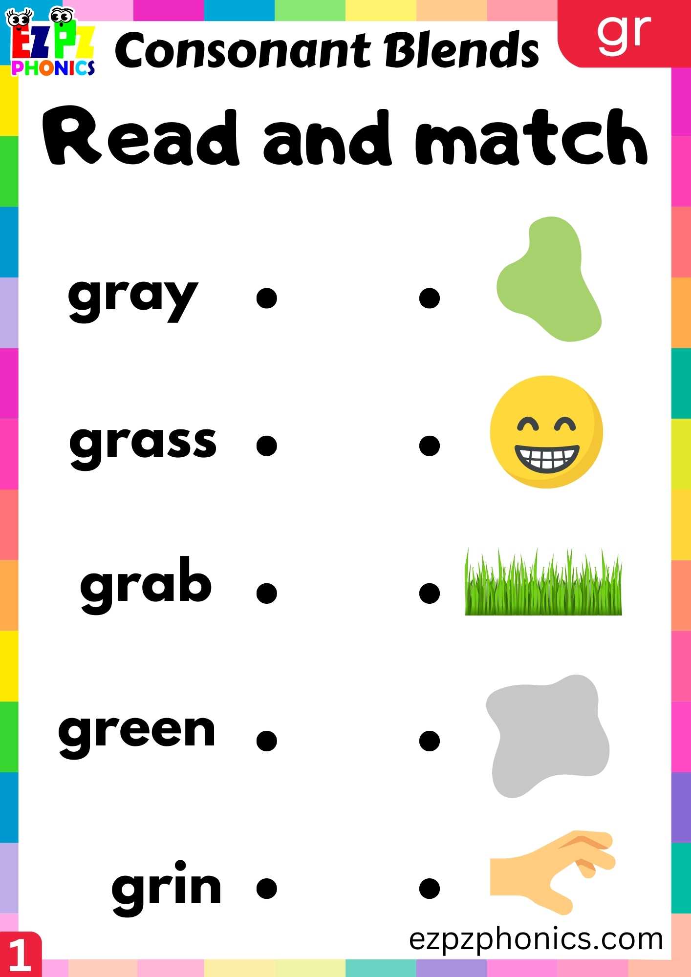 Group1 GR Words Read And Match Phonics Consonant Blends Worksheet ...