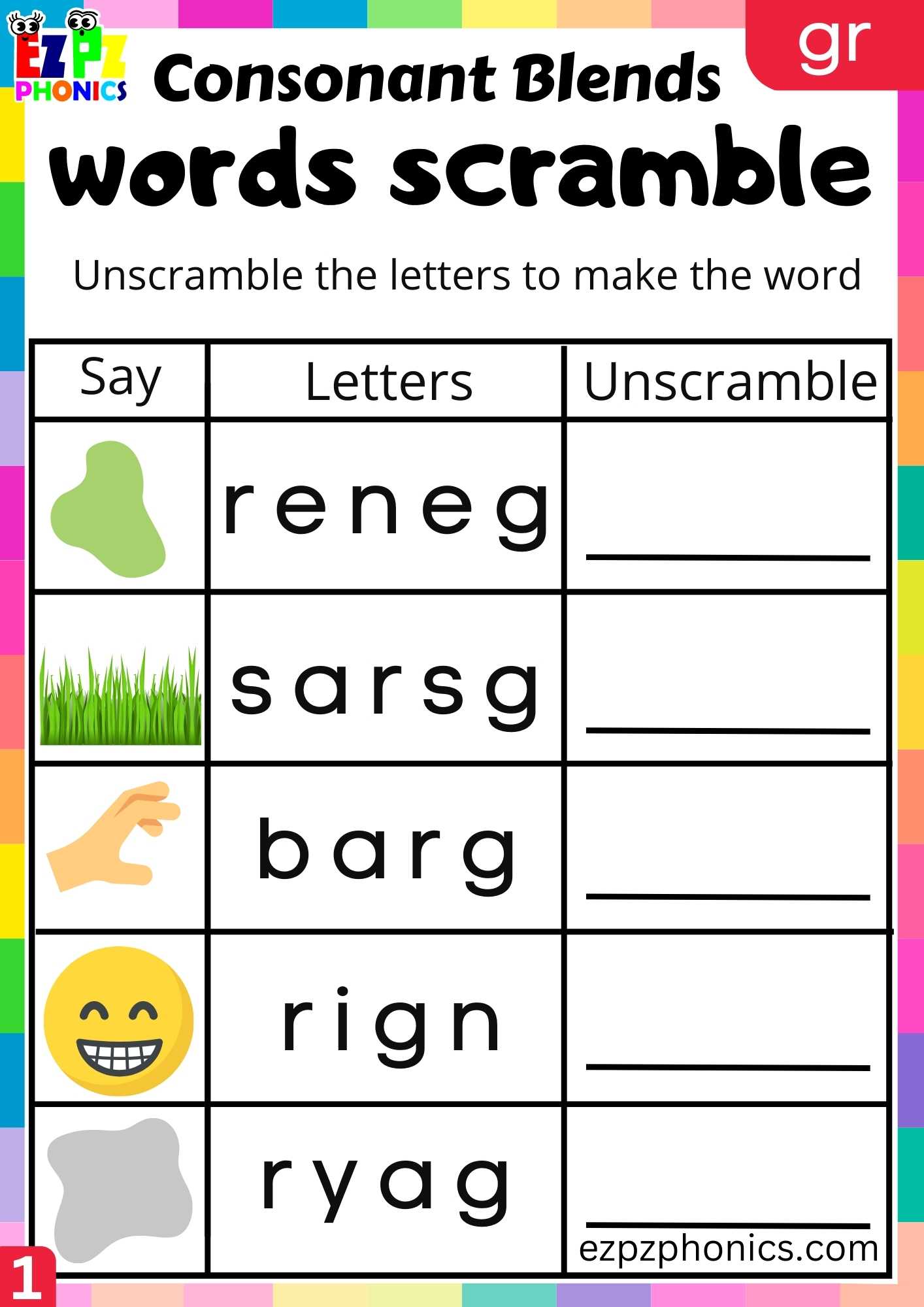 Group1 GR Words Words Scramble Phonics Consonant Blends Worksheet ...