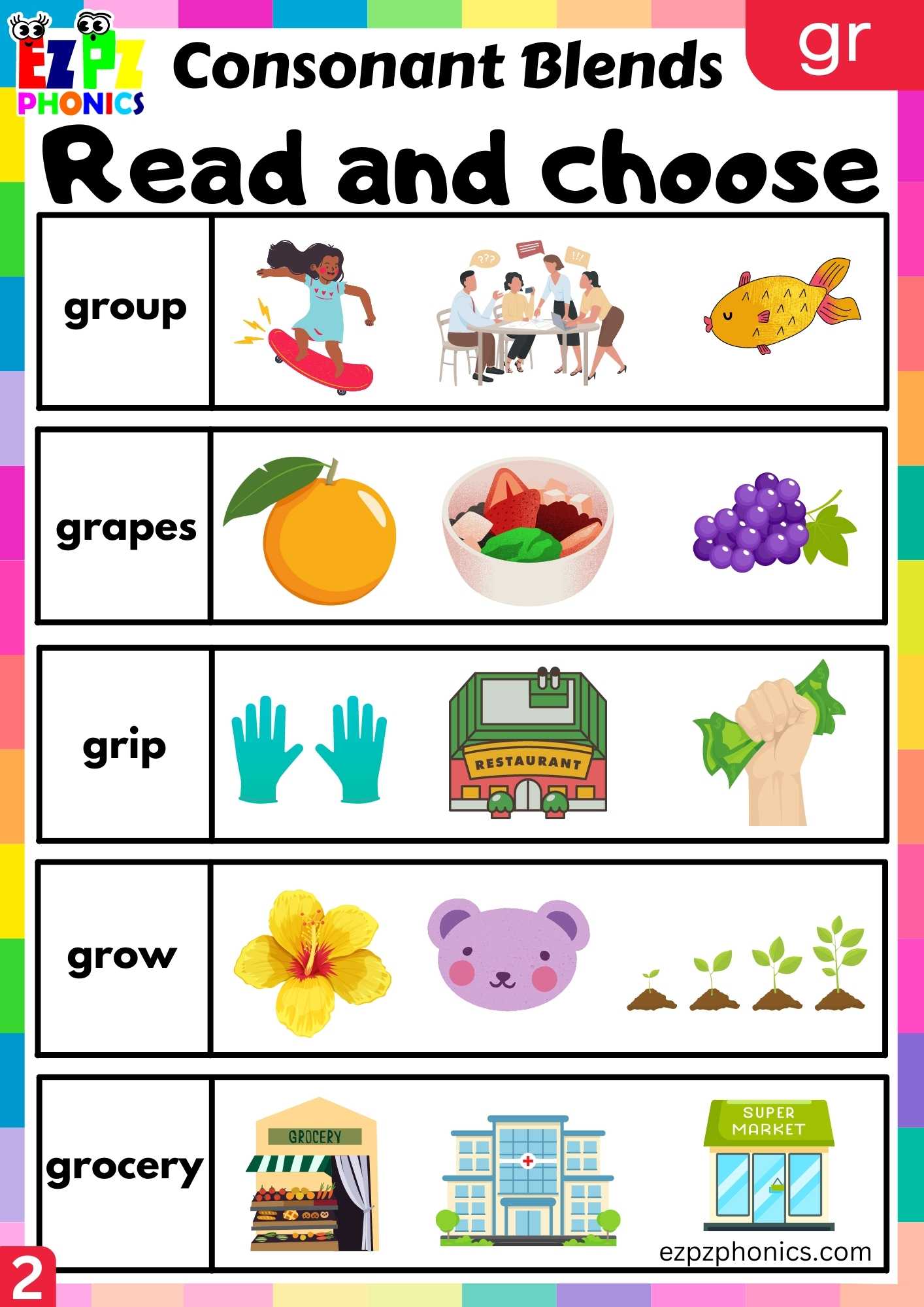 Group2 GR Words Read And Choose Phonics Consonant Blends Worksheet ...