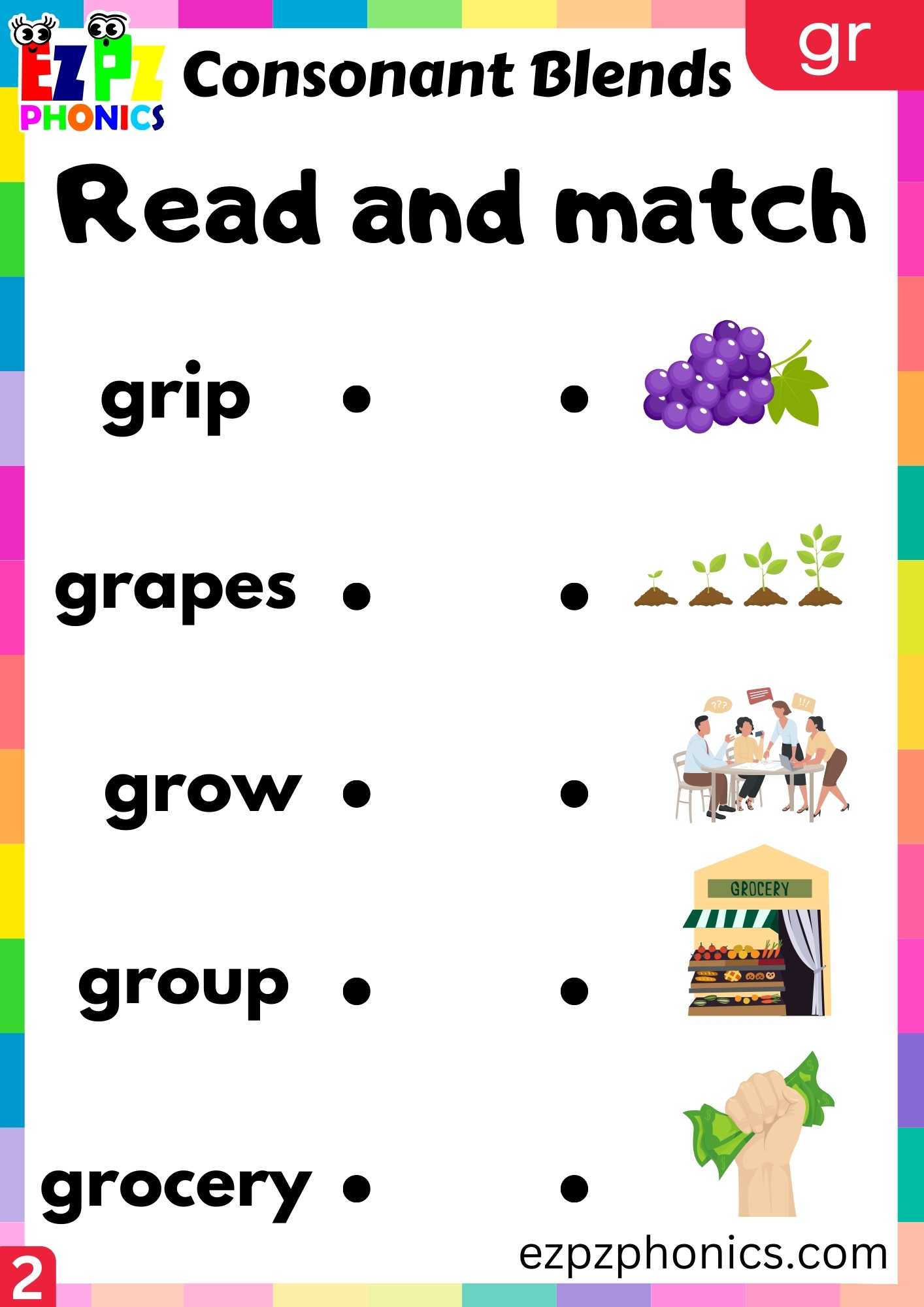 Group2 GR Words Read And Match Phonics Consonant Blends Worksheet ...