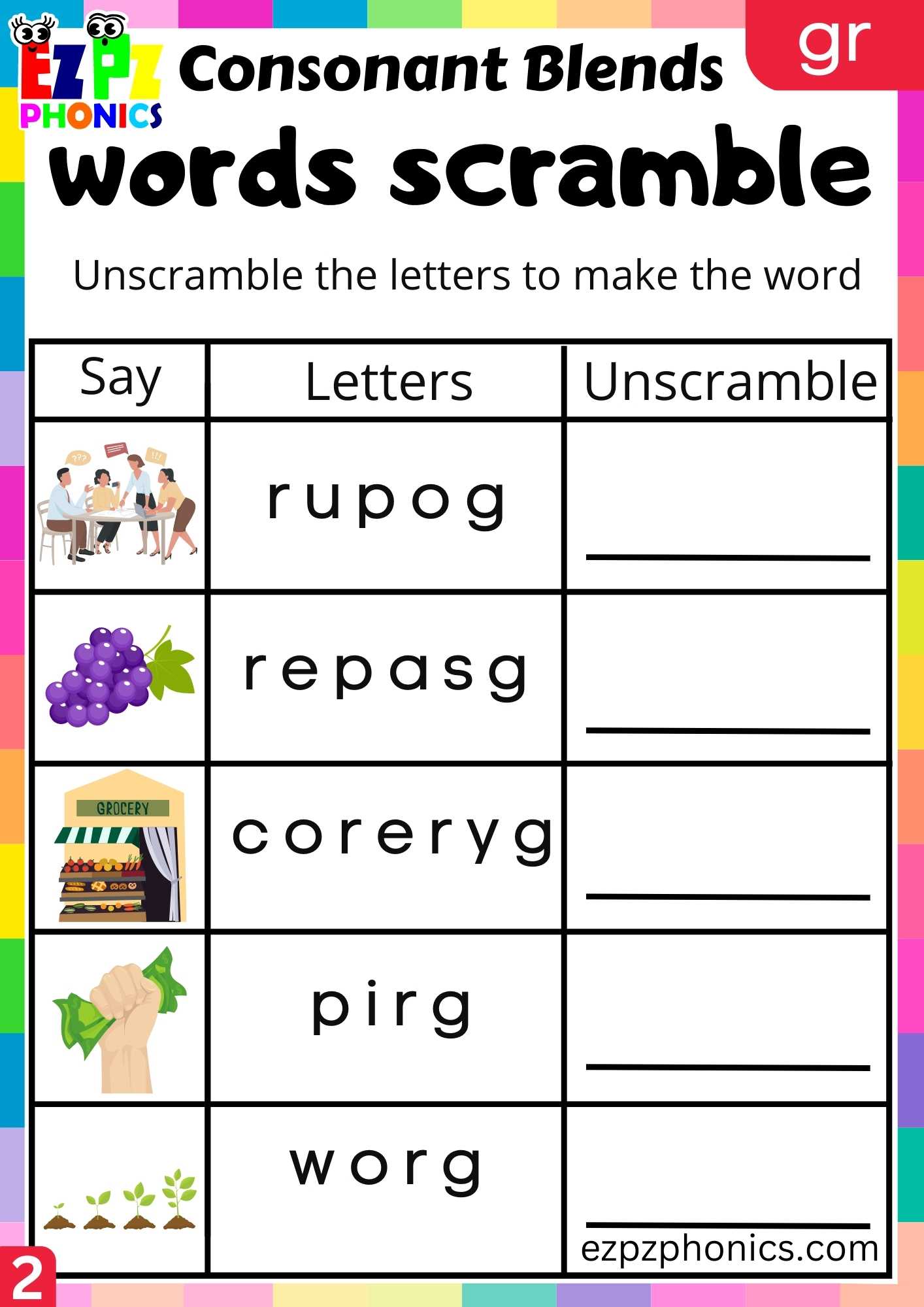 Group2 GR Words Words Scramble Phonics Consonant Blends Worksheet ...