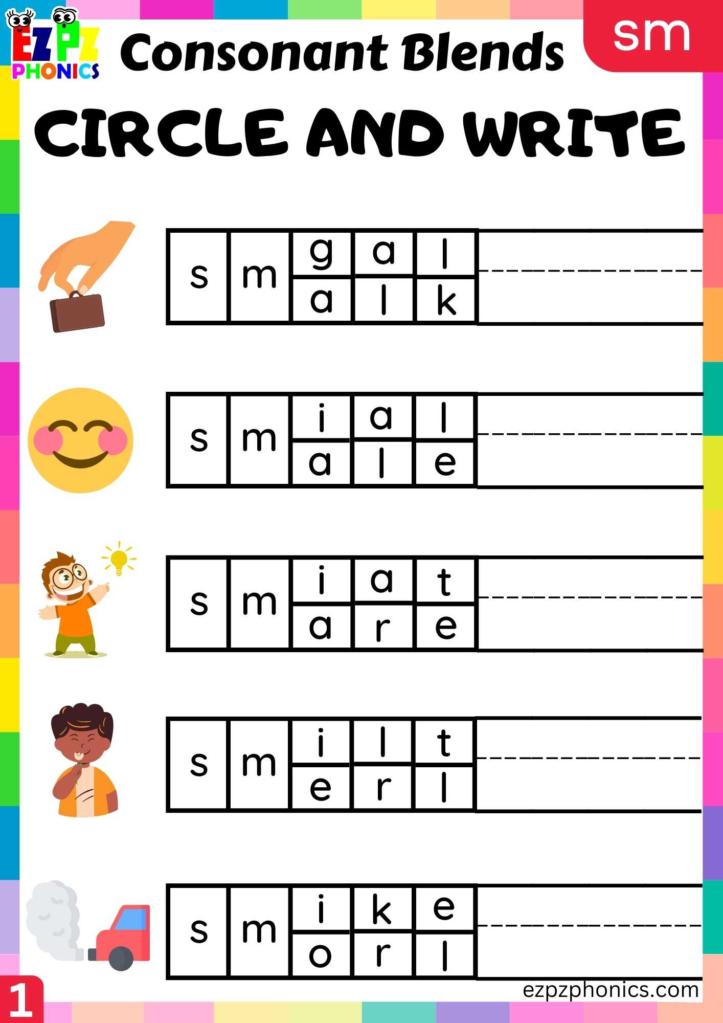 Group1 SM Words Circle And Write Phonics Consonant Blends Worksheet ...