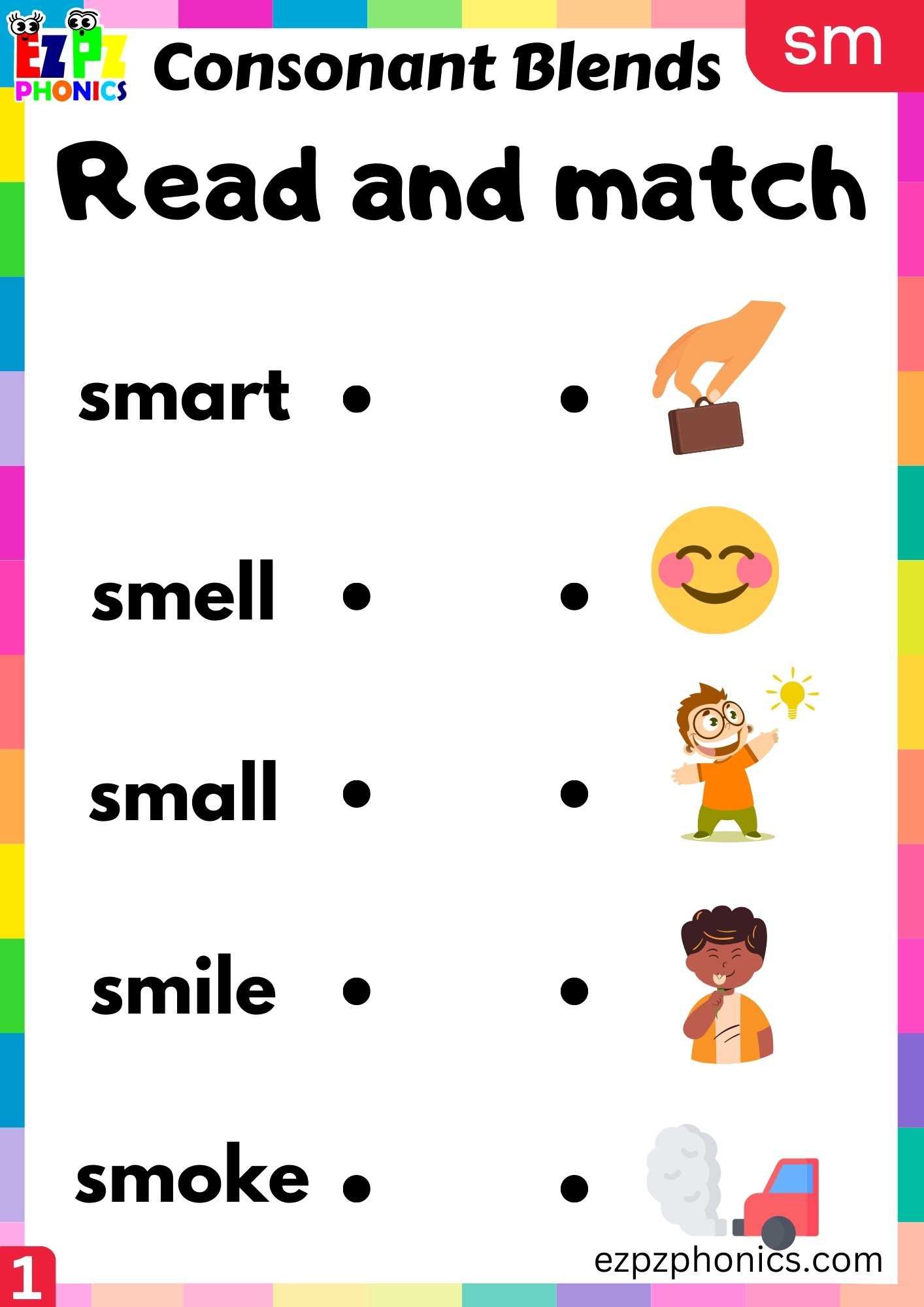 Group1 SM Words Read And Match Phonics Consonant Blends Worksheet ...