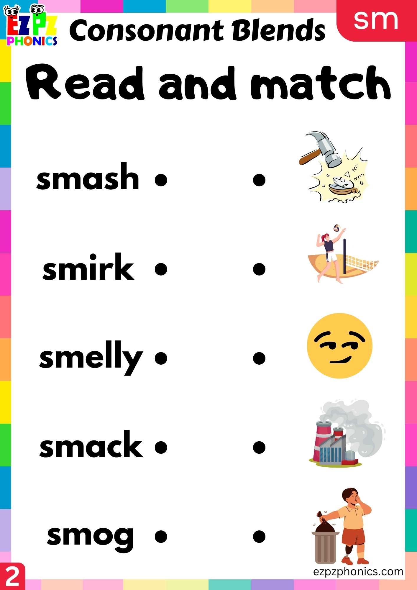 Group2 SM Words Read And Match Phonics Consonant Blends Worksheet ...