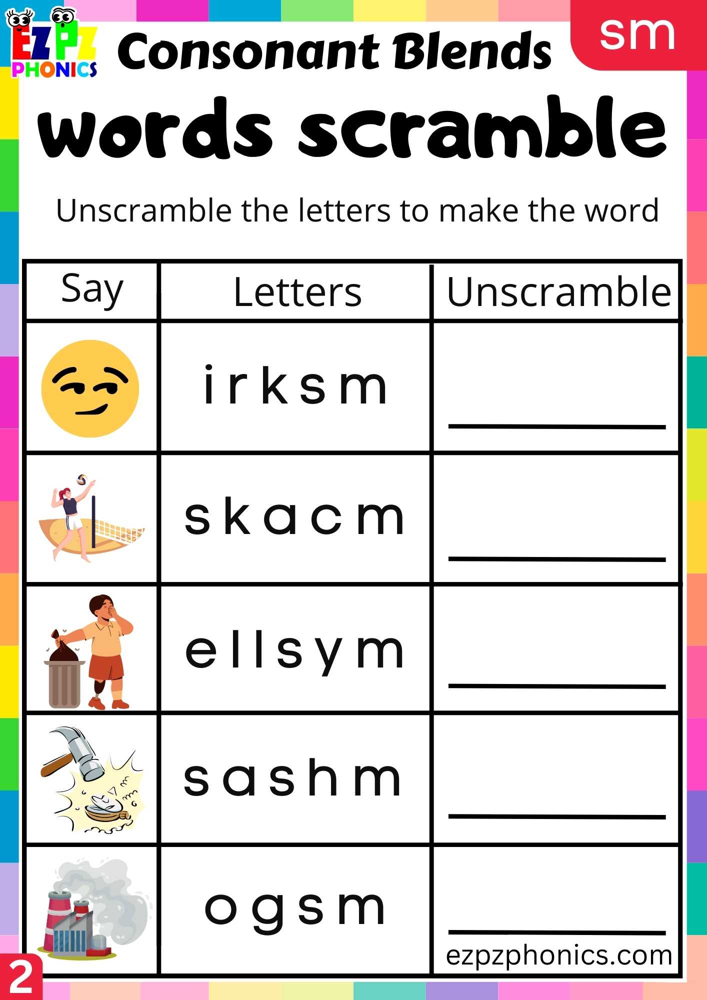 Group2 SM Words Words Scramble Phonics Consonant Blends Worksheet ...