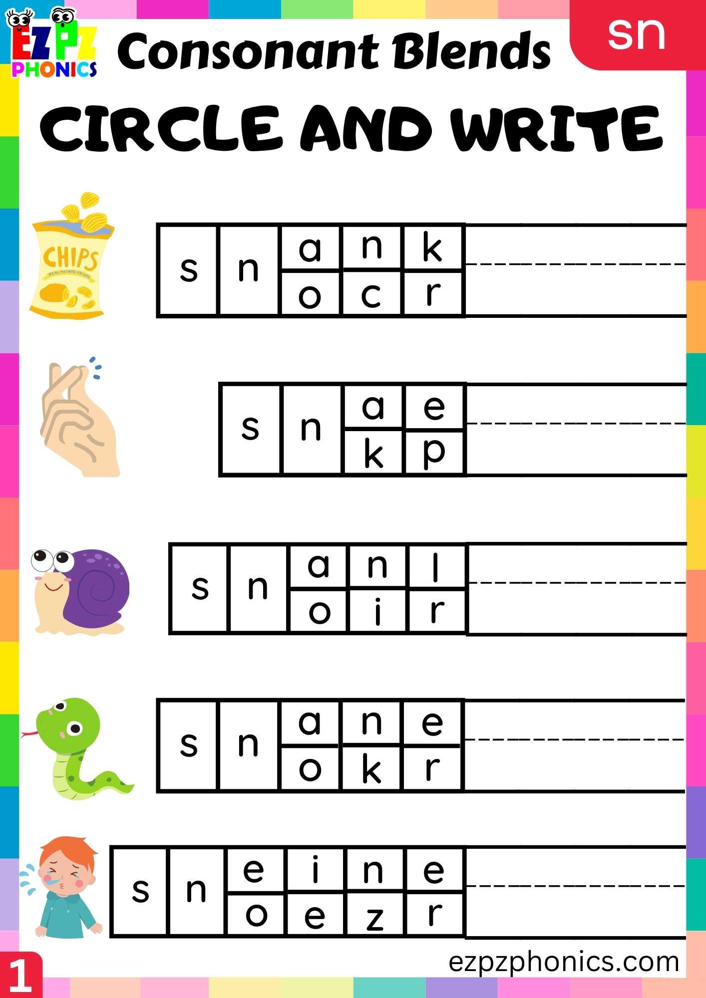 Group1 SN Words Circle And Write Phonics Consonant Blends Worksheet ...