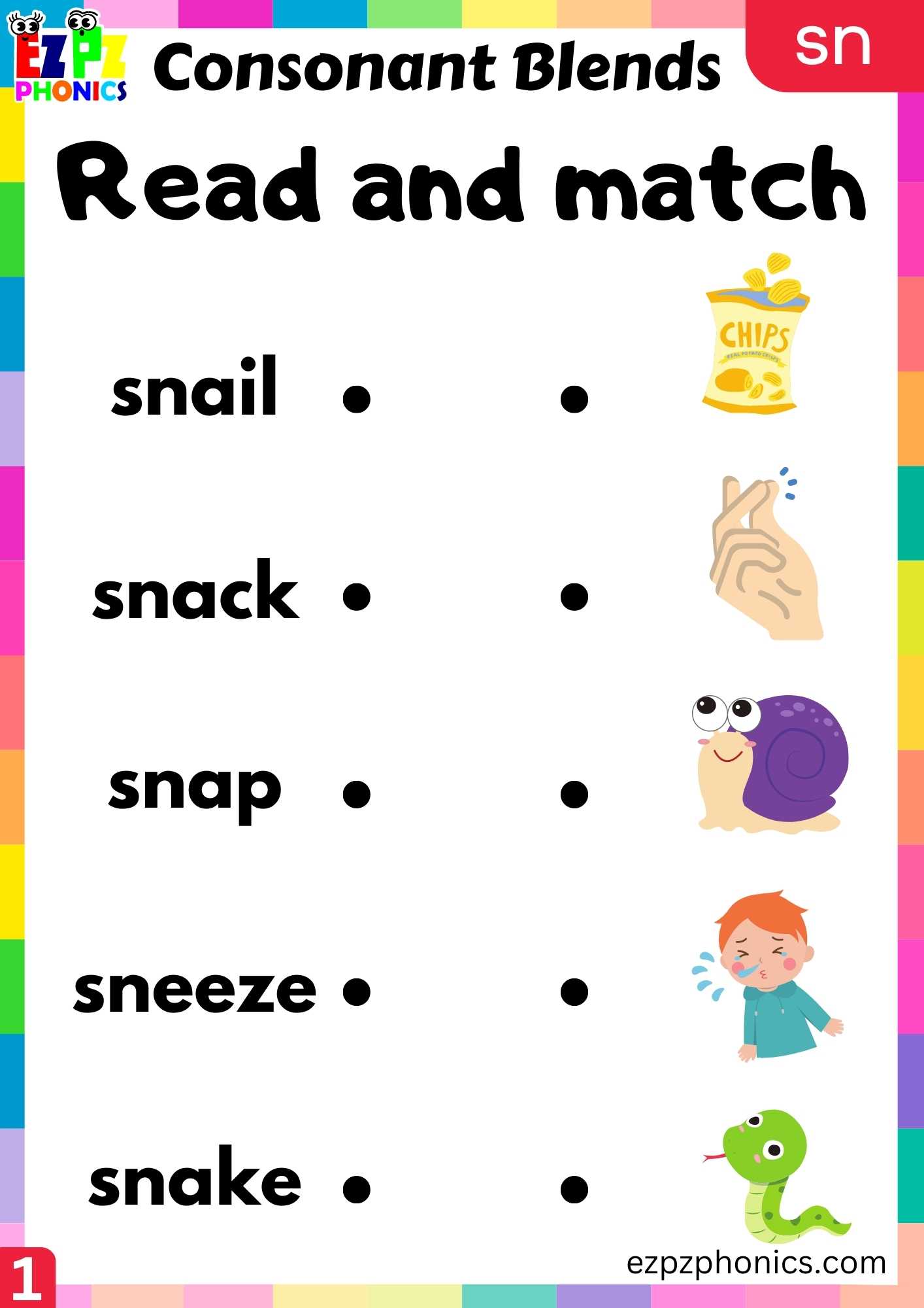 Group1 SN Words Read And Match Phonics Consonant Blends Worksheet ...
