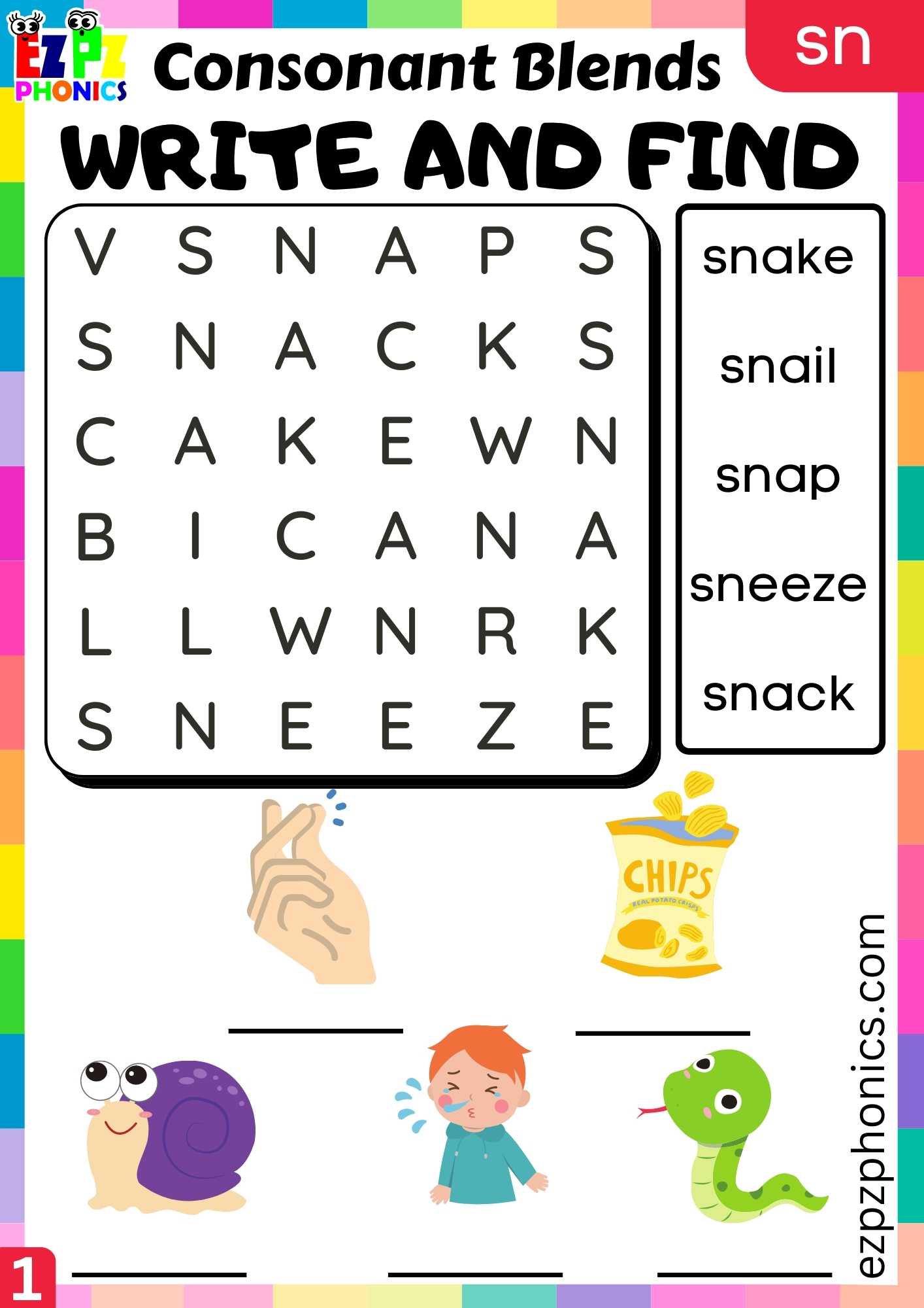 Group1 SN Words Write And Find Phonics Consonant Blends Worksheet ...
