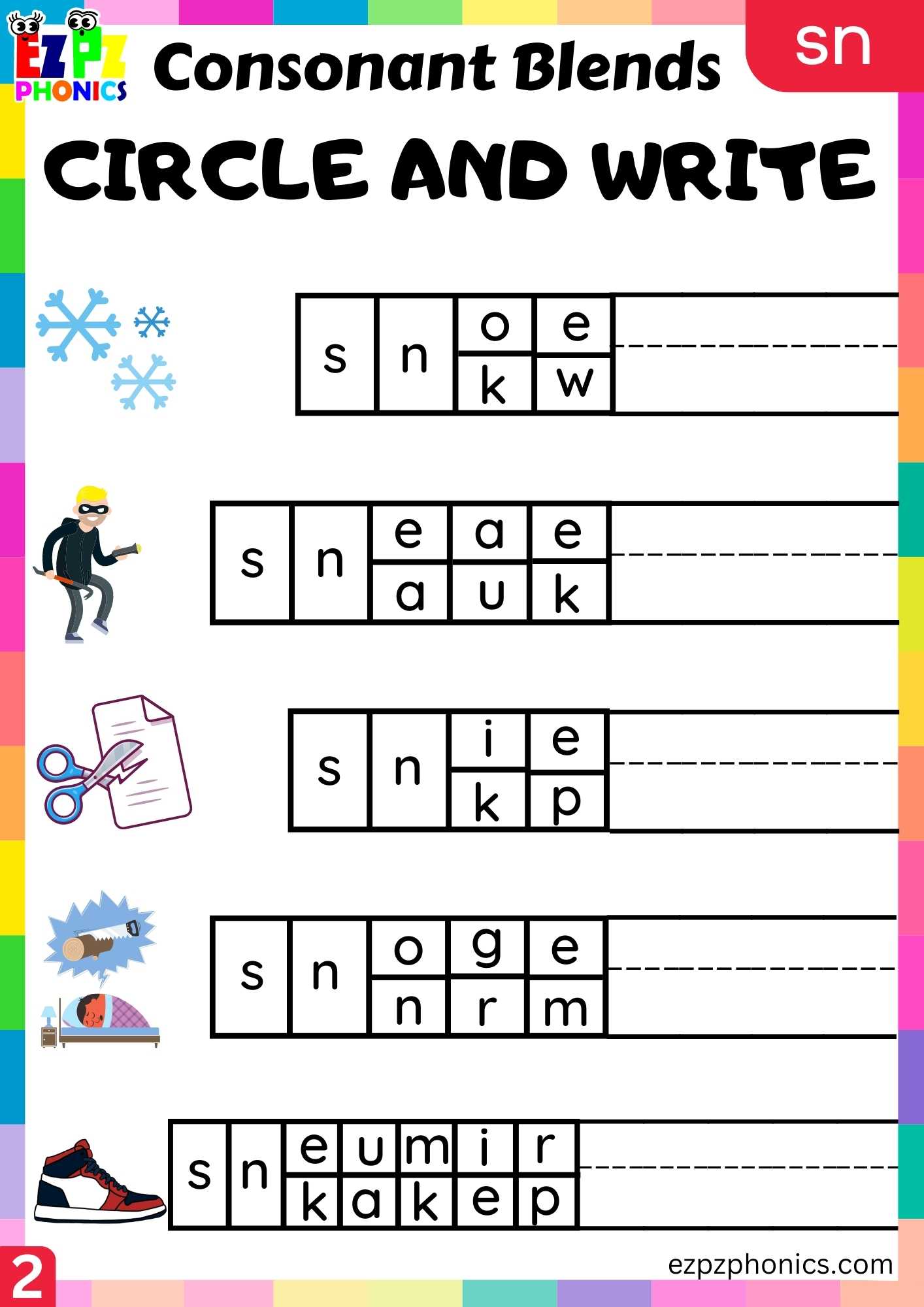 Group2 SN Words Circle And Write Phonics Consonant Blends Worksheet ...