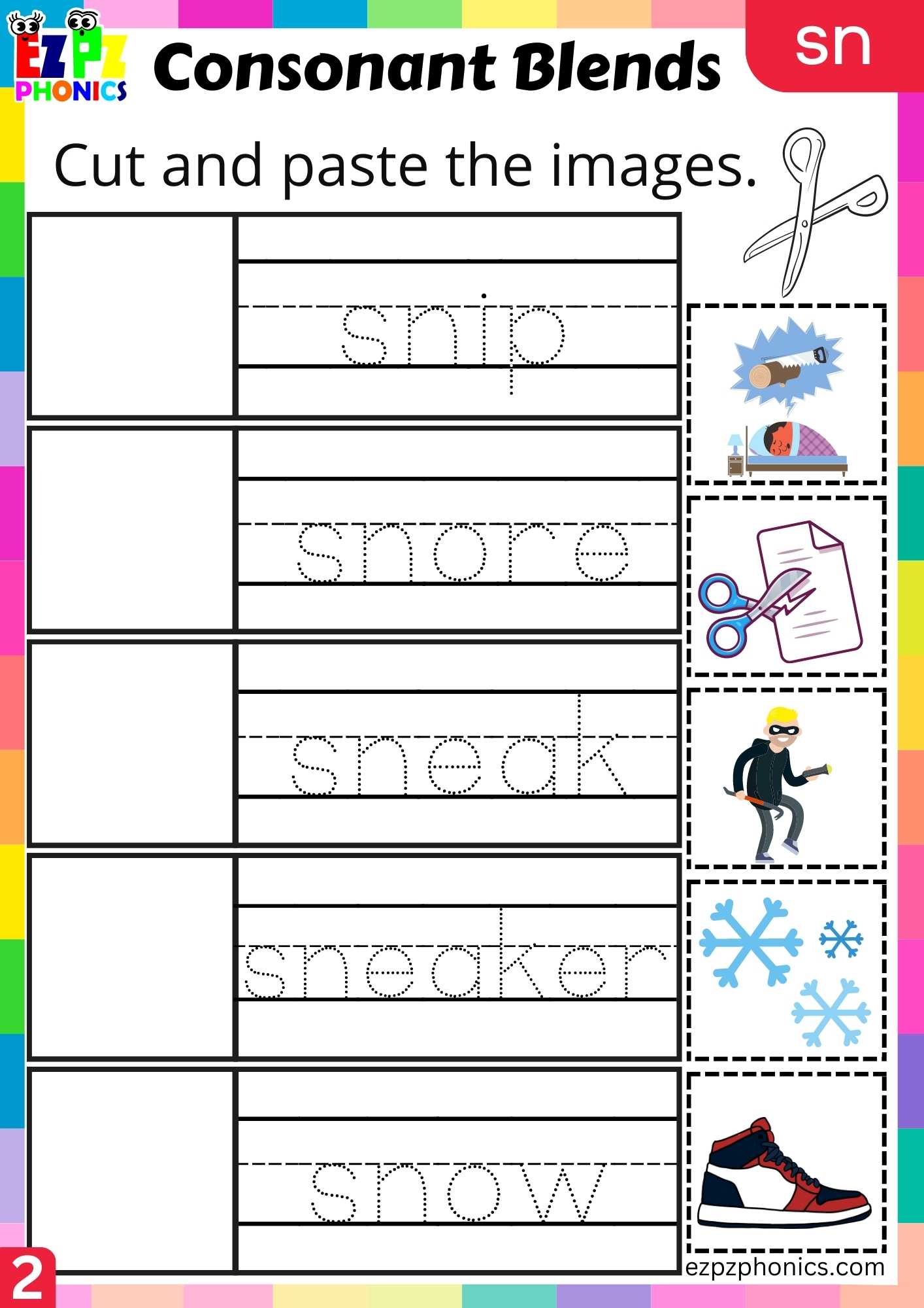 Group2 SN Words Cut And Paste The Images Phonics Consonant Blends ...