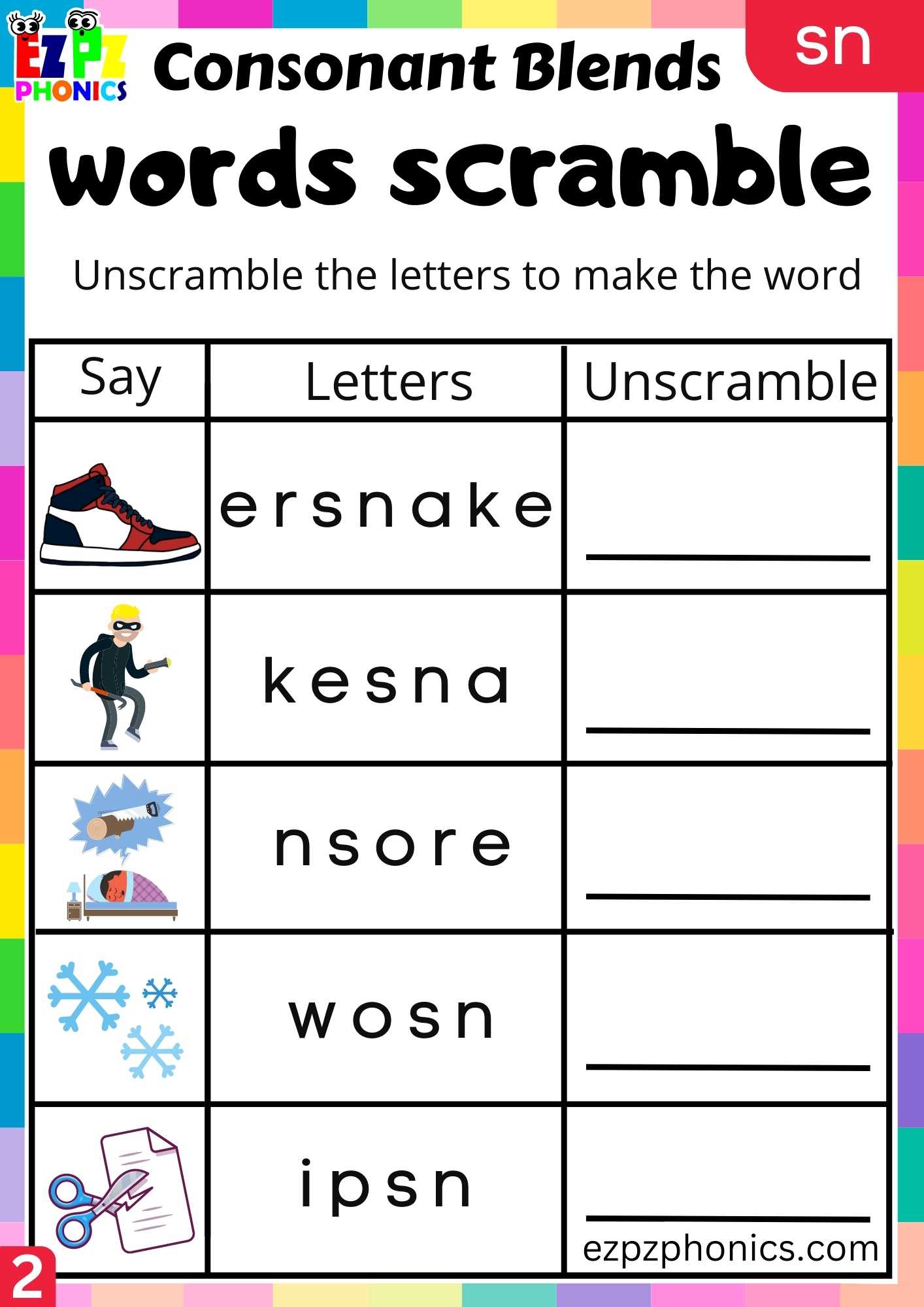 Group2 SN Words Words Scramble Phonics Consonant Blends Worksheet ...