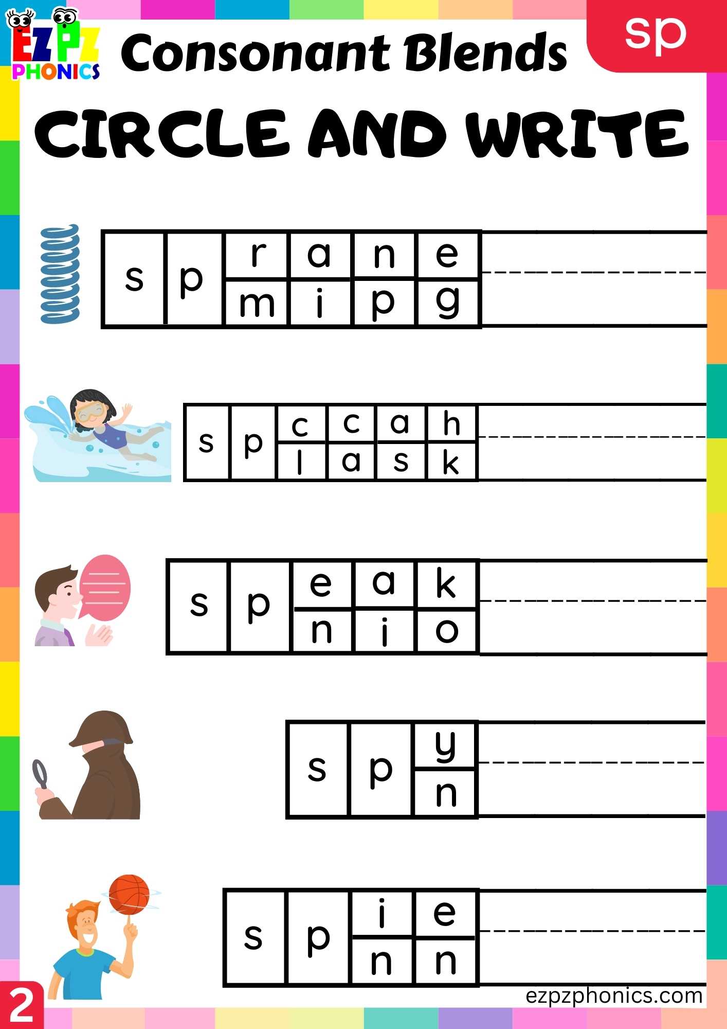 Group2 SP Words Circle And Write Phonics Consonant Blends Worksheet ...