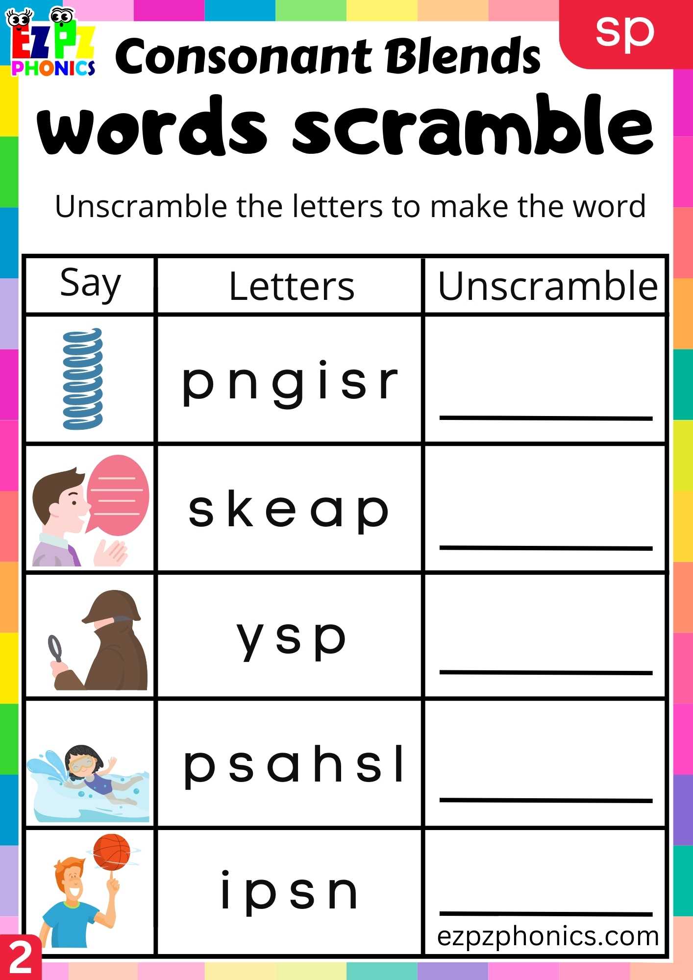 Group2 SP Words Words Scramble Phonics Consonant Blends Worksheet ...