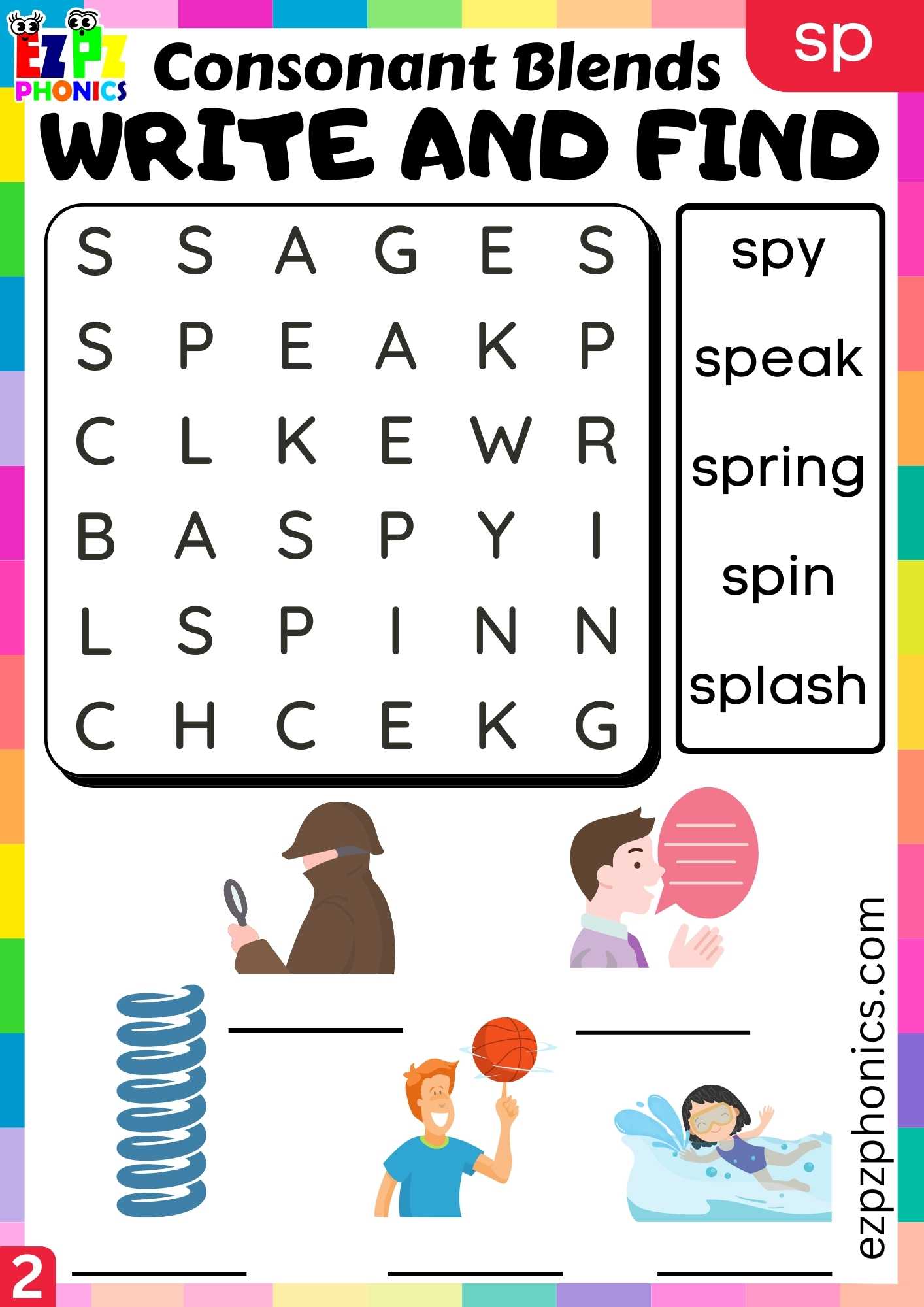 Group2 SP Words Write And Find Phonics Consonant Blends Worksheet ...
