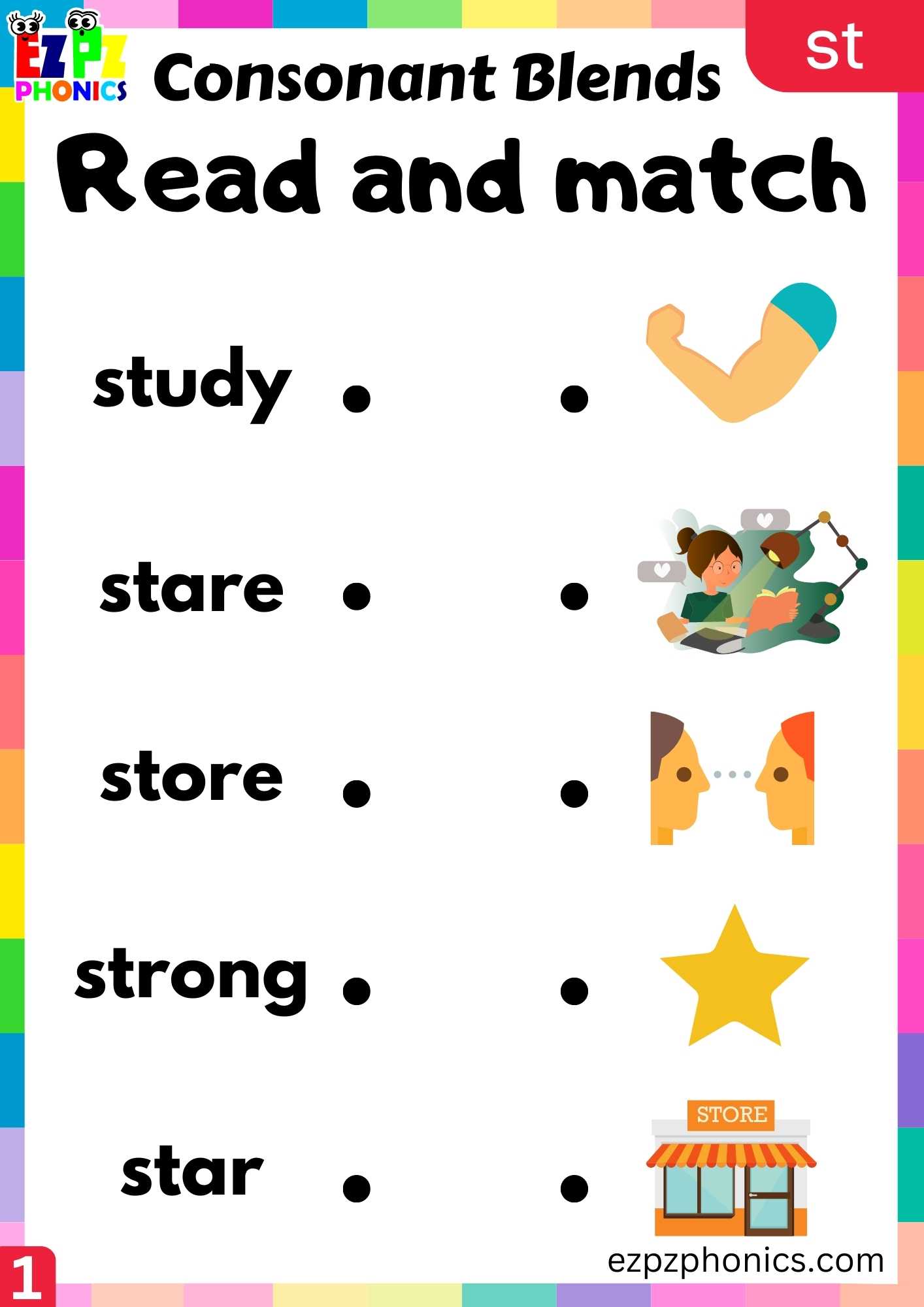Group1 ST Words Read And Match Phonics Consonant Blends Worksheet ...