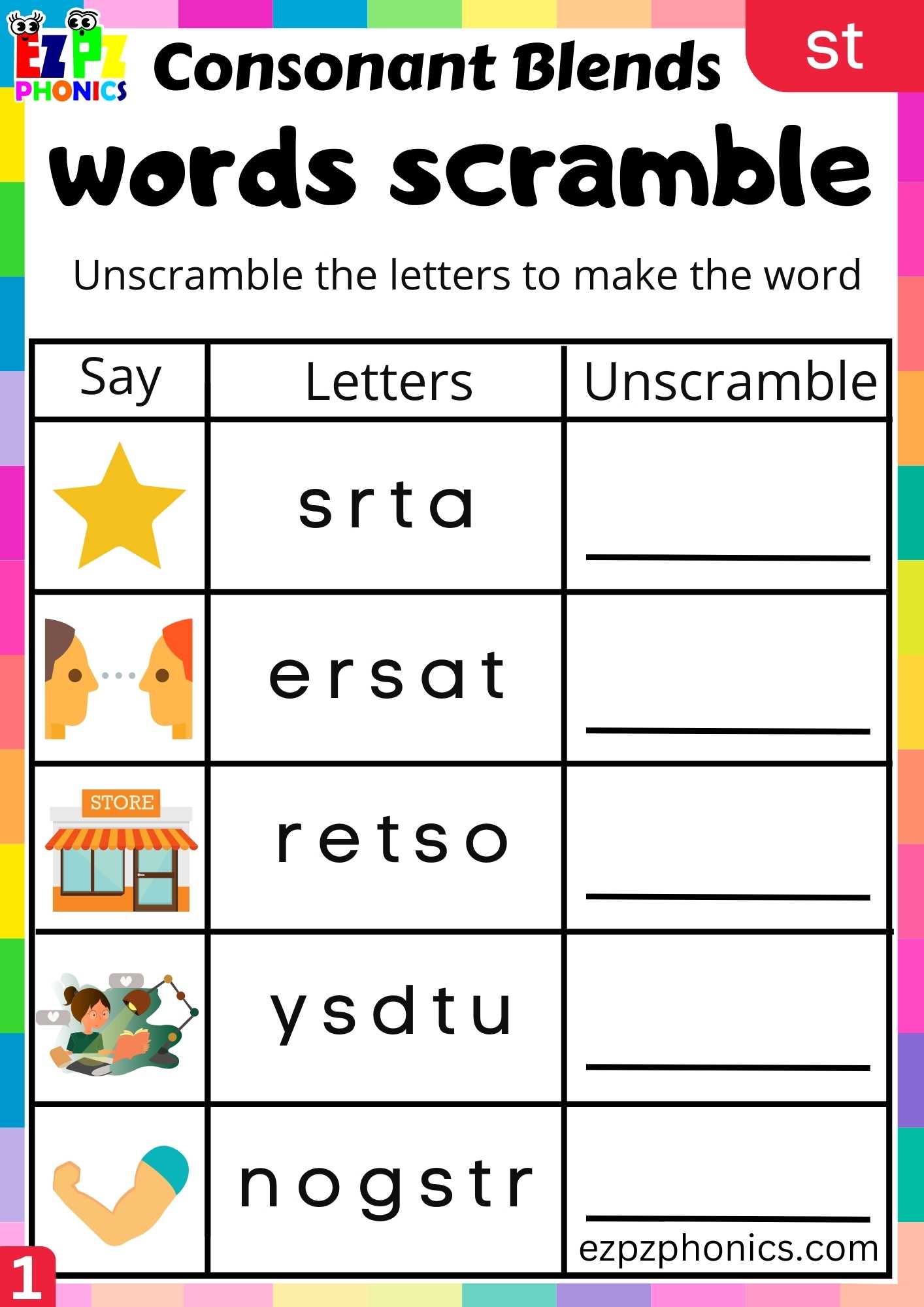 Group1 ST Words Words Scramble Phonics Consonant Blends Worksheet ...