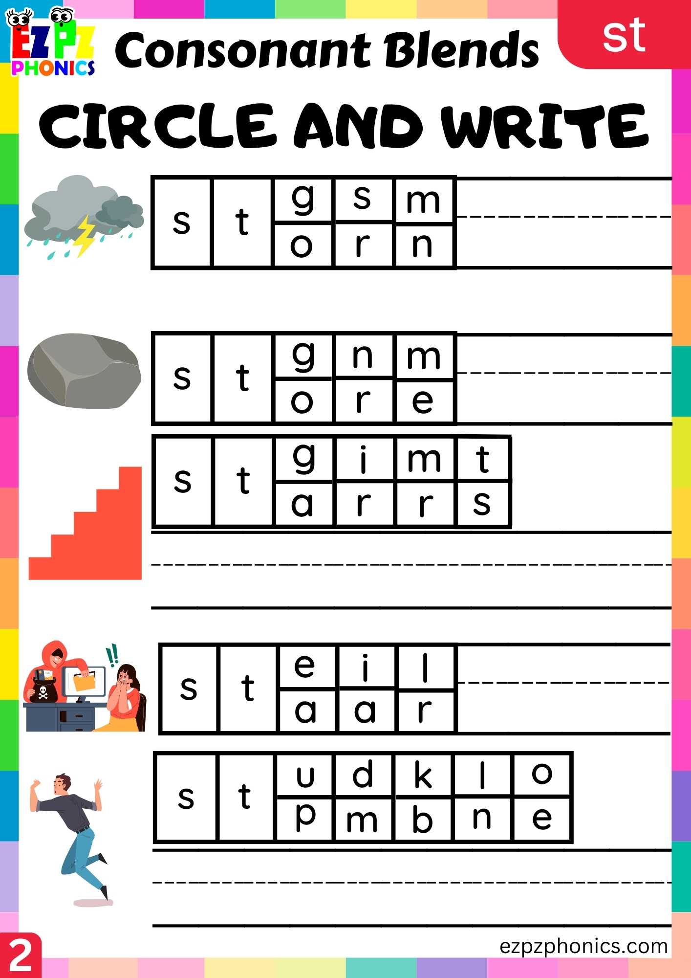 Group2 ST Words Circle And Write Phonics Consonant Blends Worksheet ...