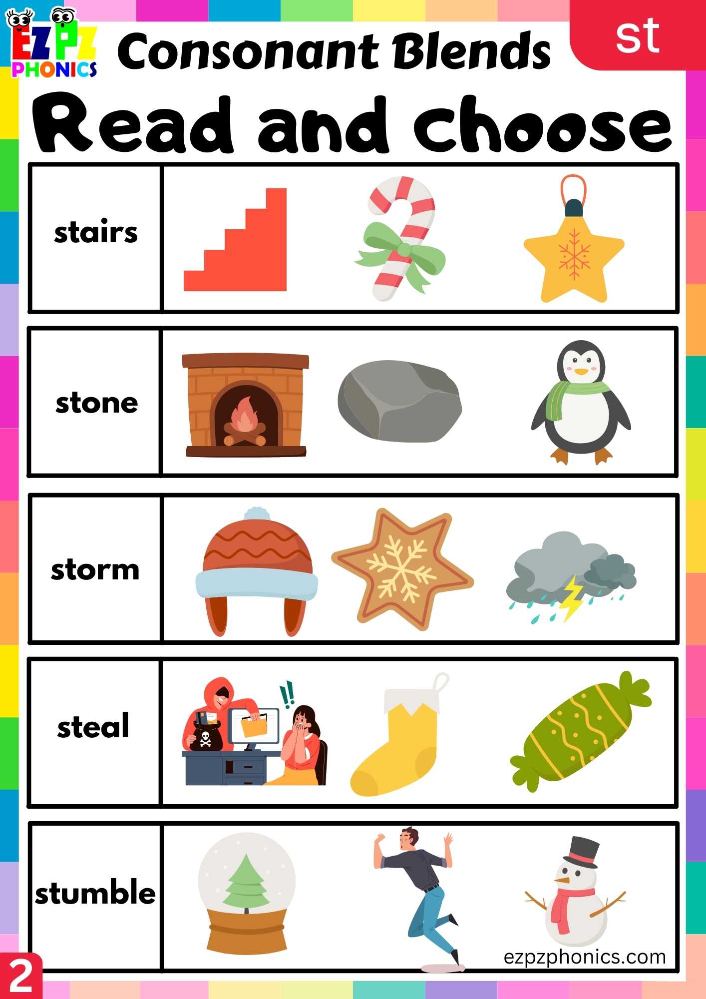 Group2 ST Words Read And Choose Phonics Consonant Blends Worksheet ...