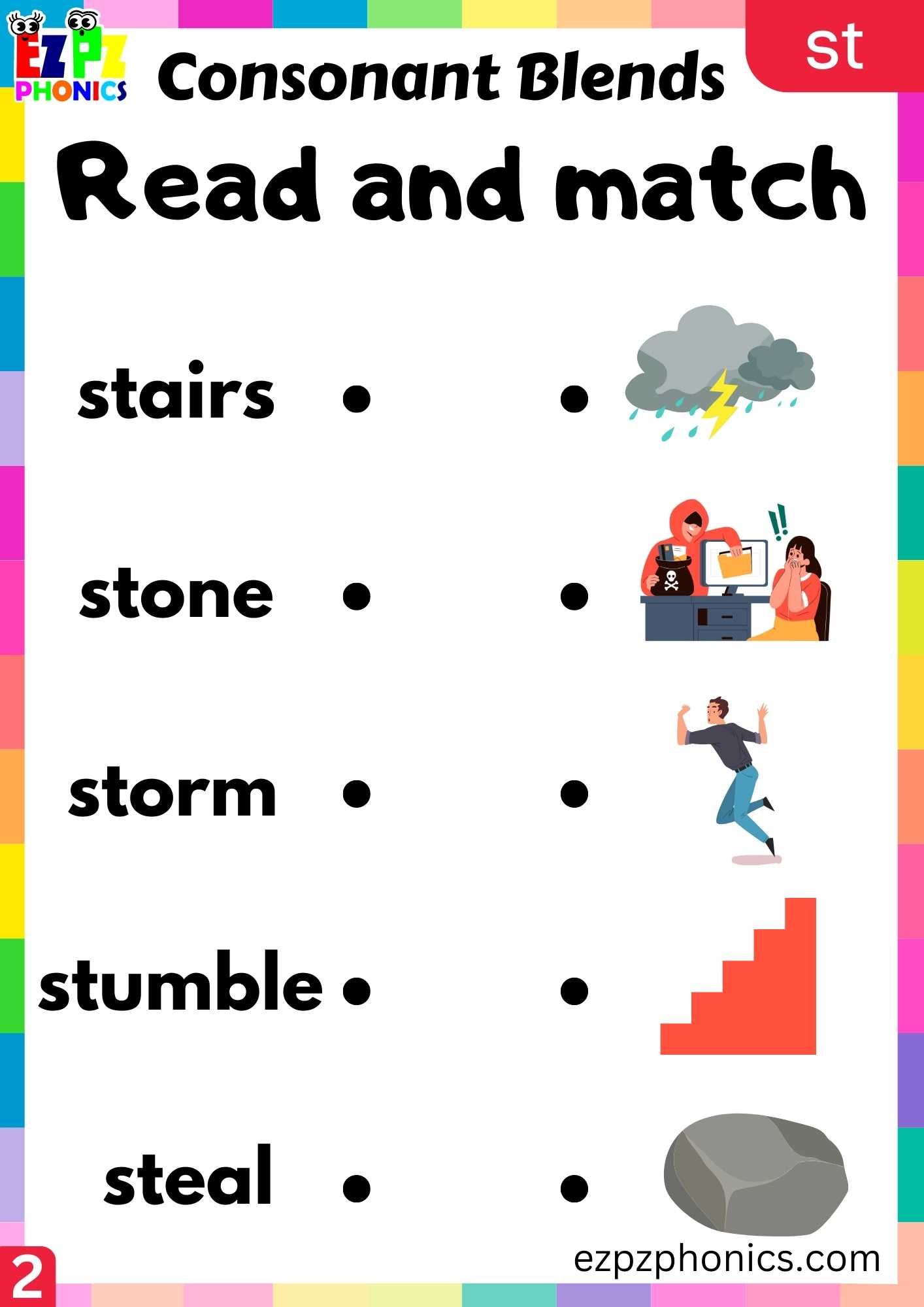 Group2 ST Words Read And Match Phonics Consonant Blends Worksheet ...