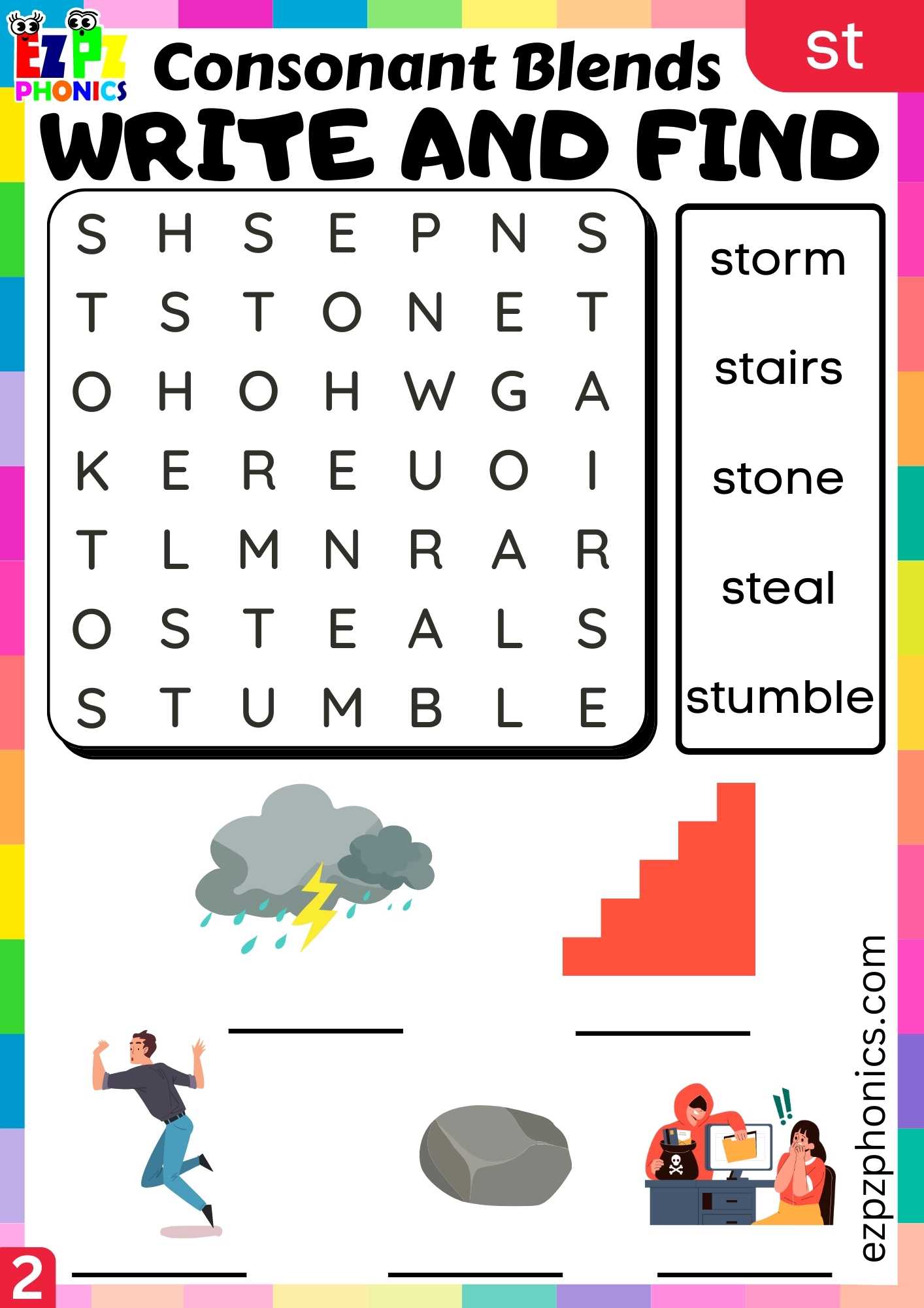 Group2 ST Words Write And Find Phonics Consonant Blends Worksheet ...