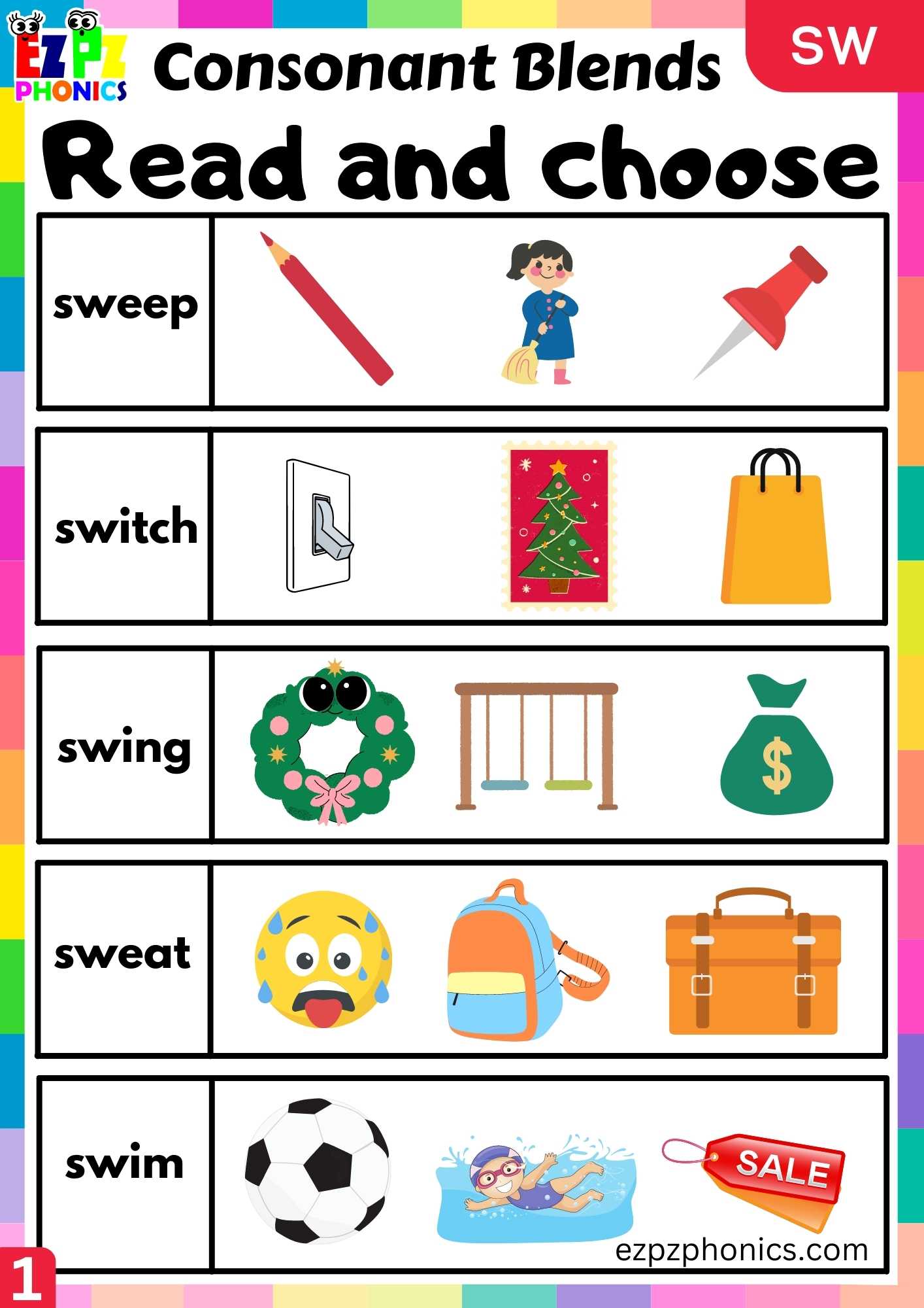 Group1 SW Words Read And Choose Phonics Consonant Blends Worksheet ...