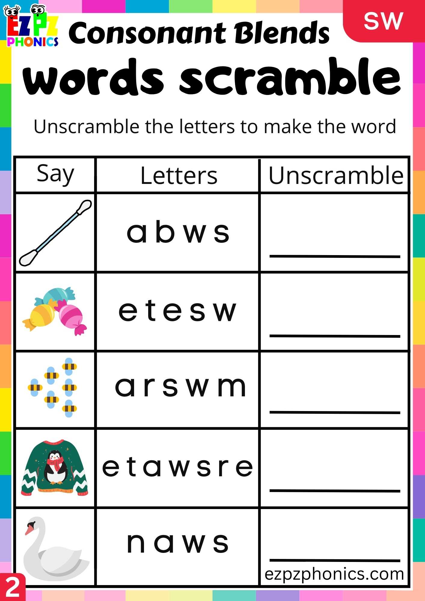 Group2 SW Words Words Scramble Phonics Consonant Blends Worksheet ...