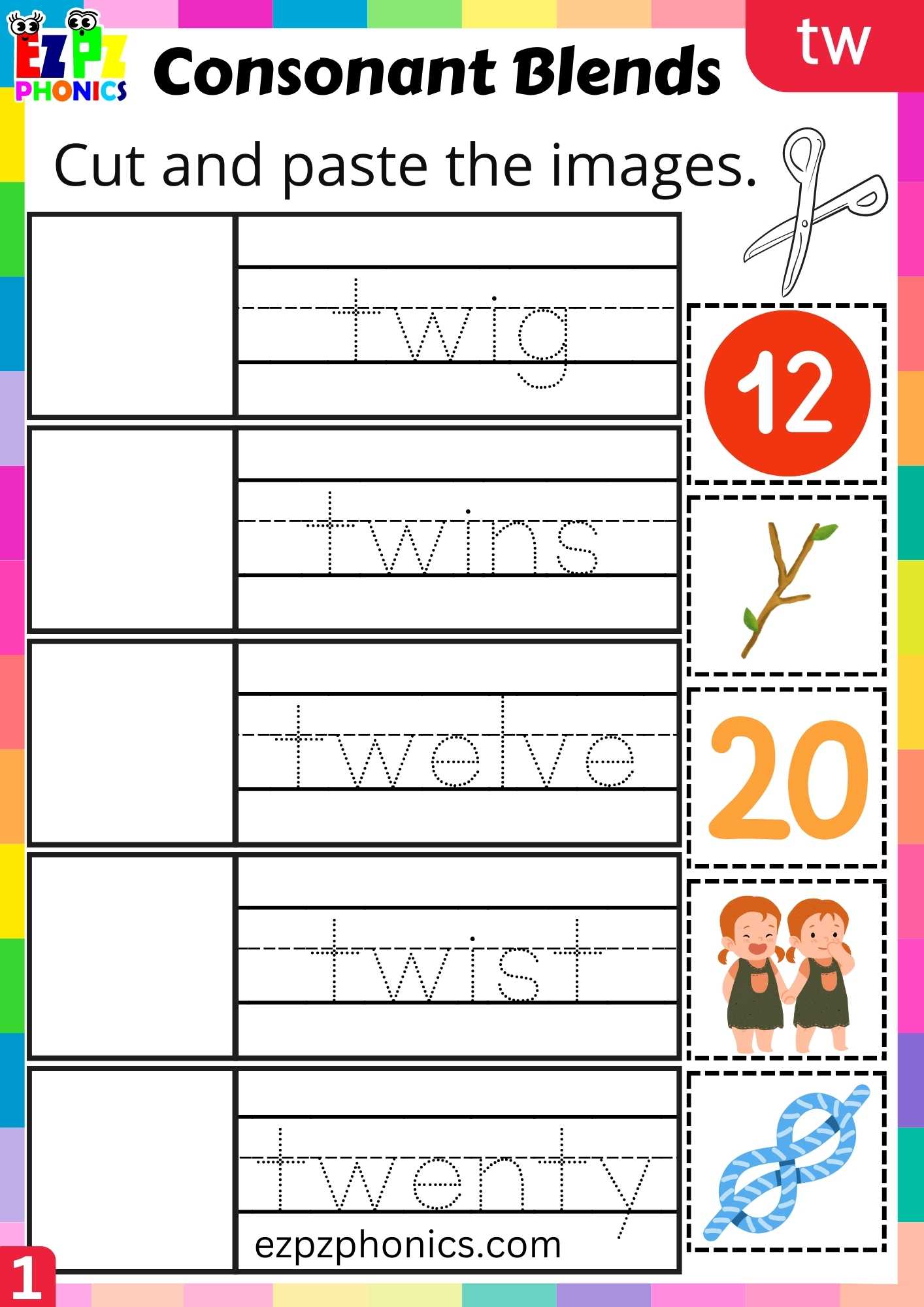 TW Words Cut And Paste The Images Phonics Consonant Blends Worksheet ...