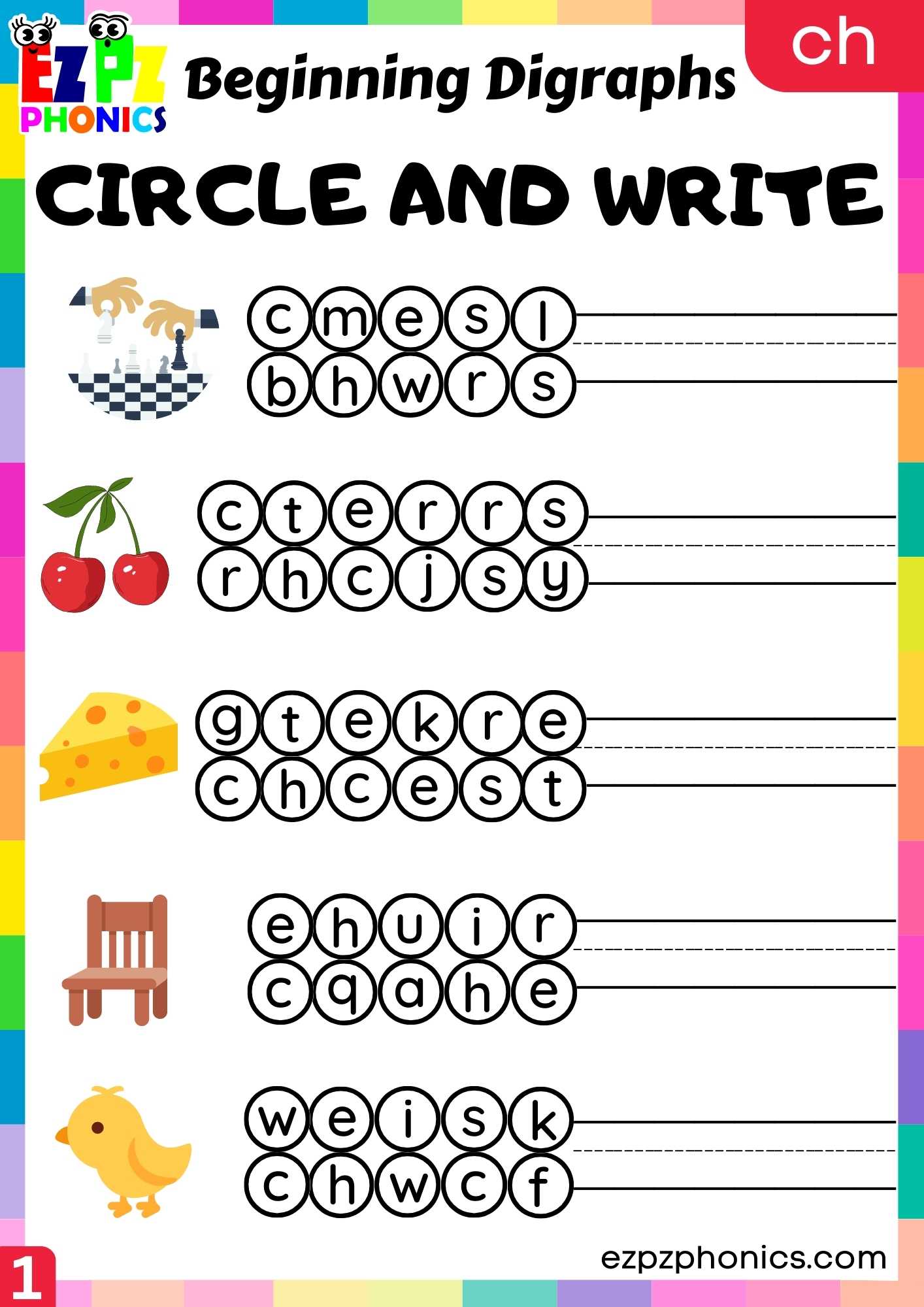 Group1 CH Words Circle And Write Consonant Digraphs Phonics Beginning ...