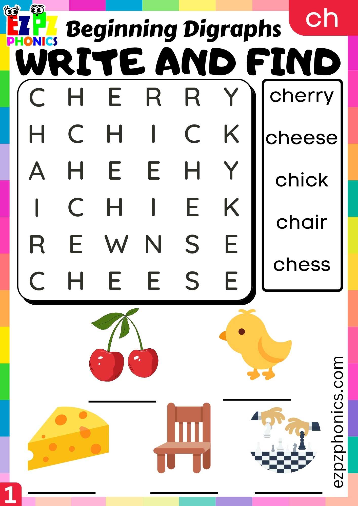 Group1 CH Words Write And Find Consonant Digraphs Phonics Beginning ...