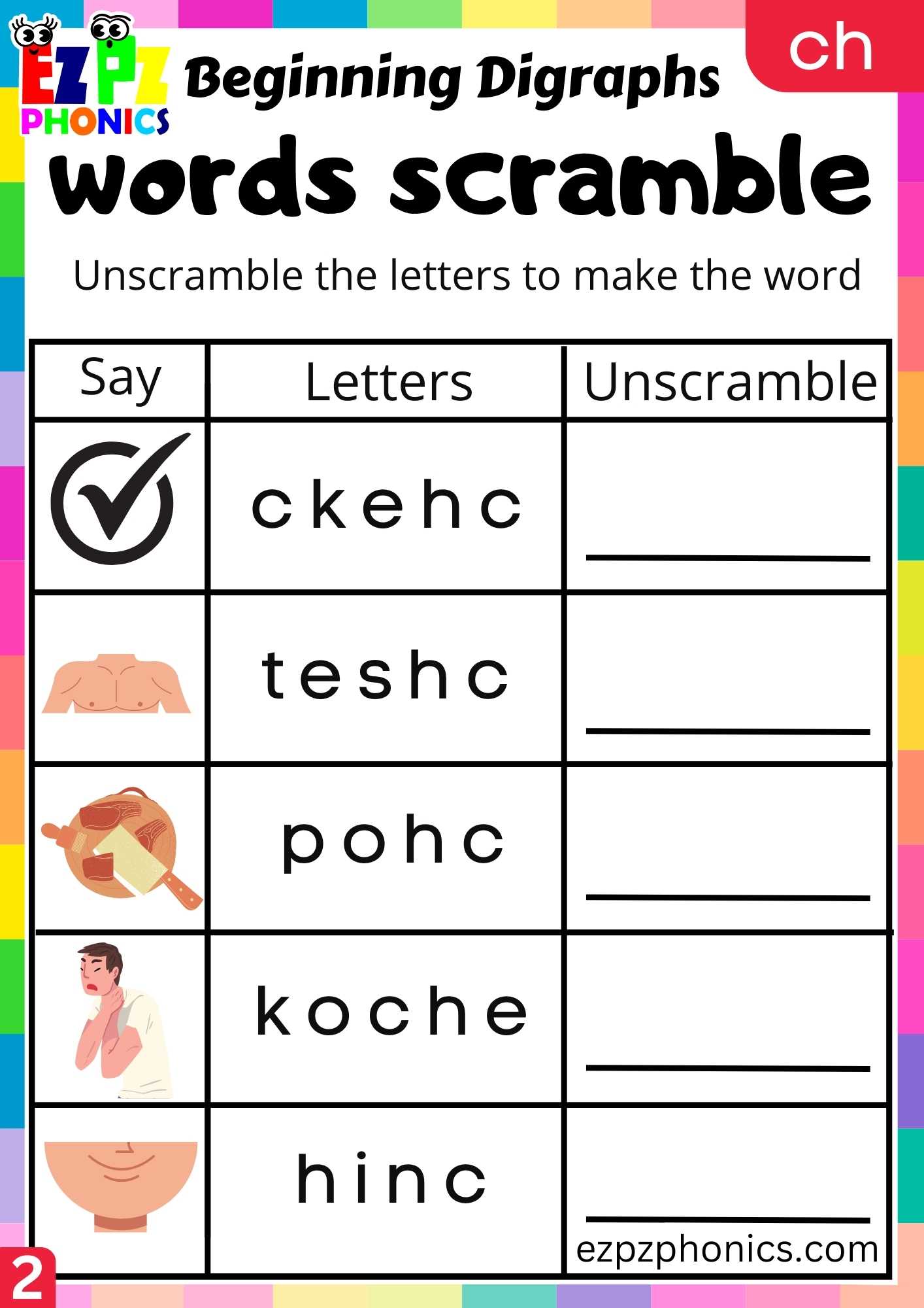Group2 CH Words Words Scramble Consonant Digraphs Phonics Beginning ...