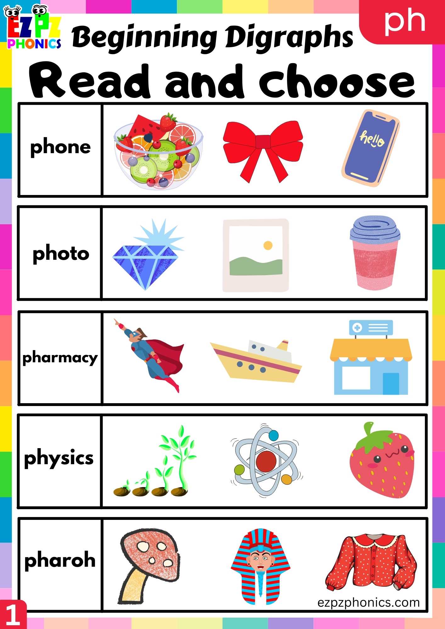 PH Words Read And Choose Consonant Digraphs Phonics Beginning Worksheet ...