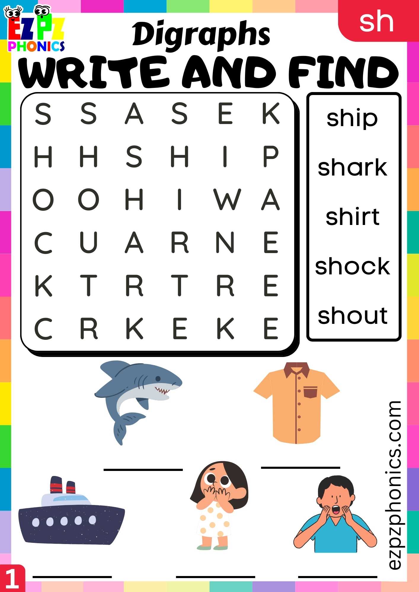 Group1 SH Words Write And Find Consonant Digraphs Phonics Beginning ...