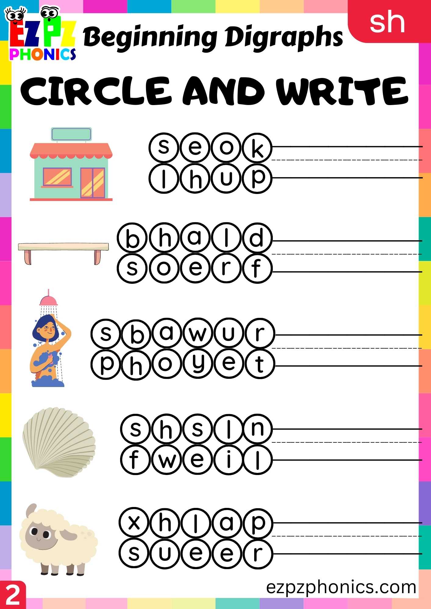 Group2 SH Words Circle And Write Consonant Digraphs Phonics Beginning ...