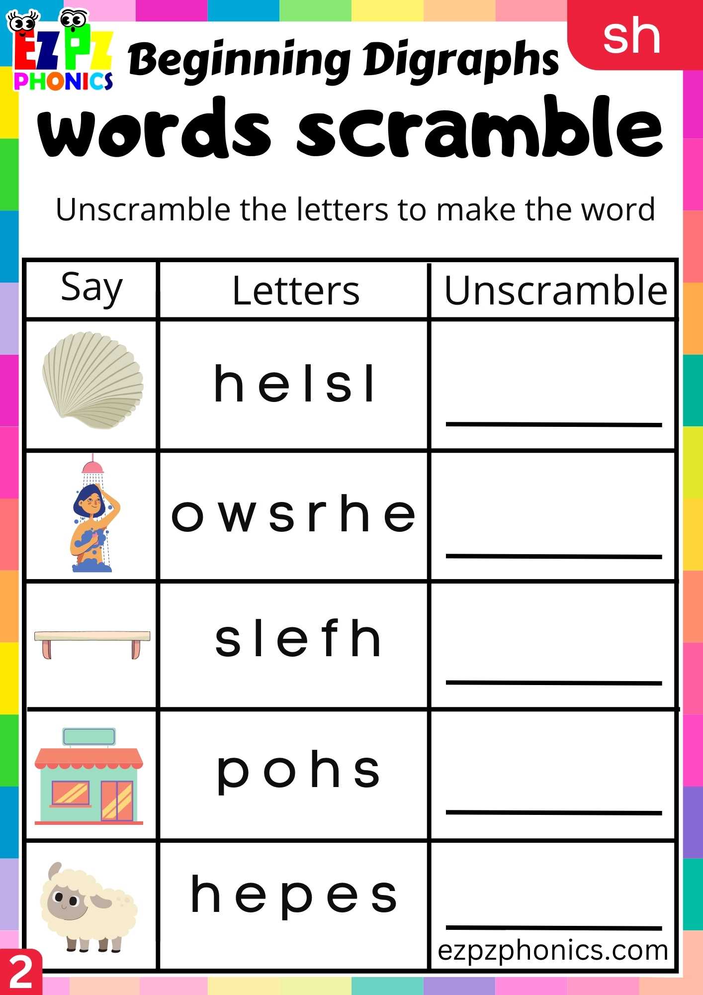 Group2 SH Words Words Scramble Consonant Digraphs Phonics Beginning ...