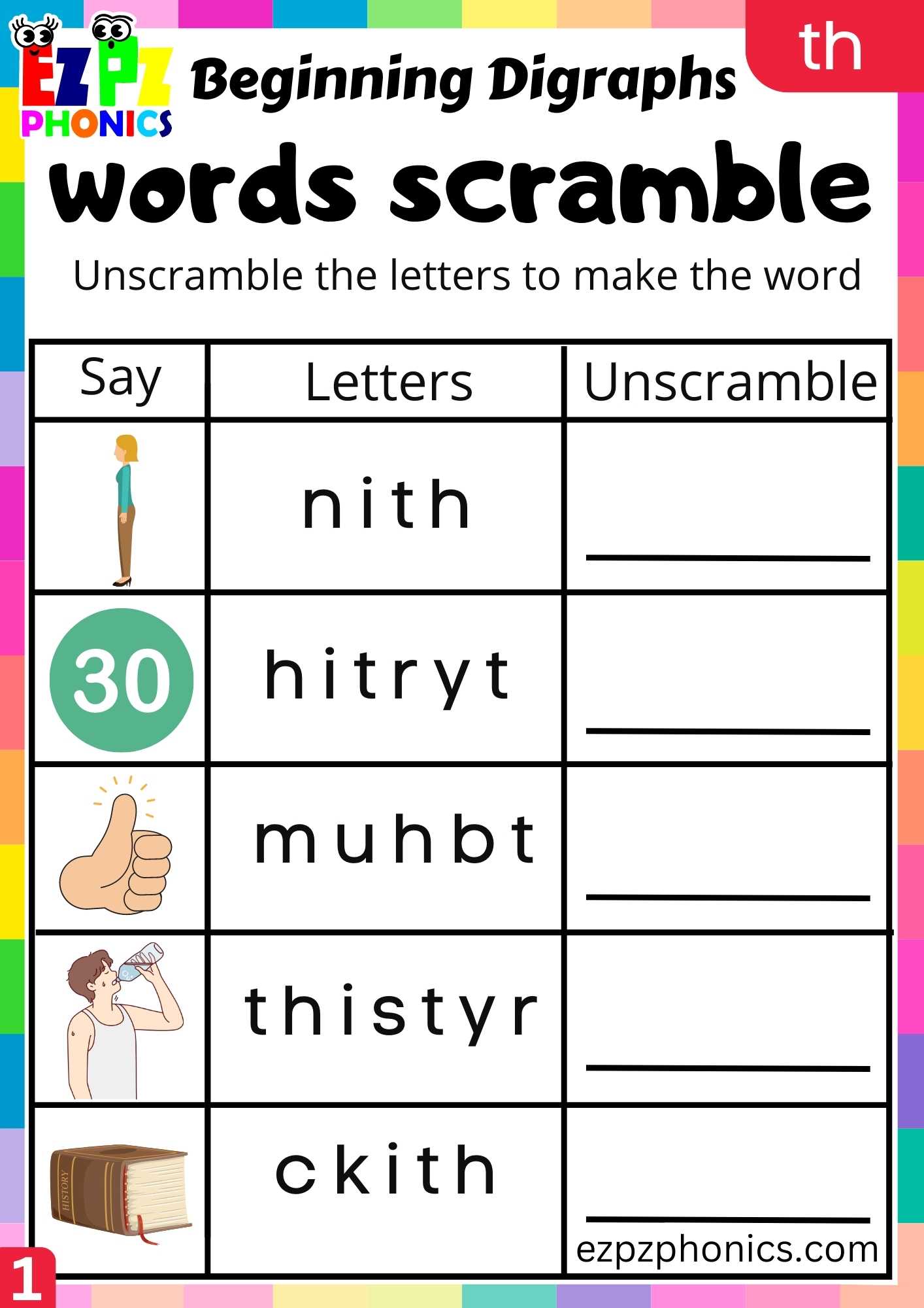 Group1 TH Words Words Scramble Consonant Digraphs Phonics Beginning ...