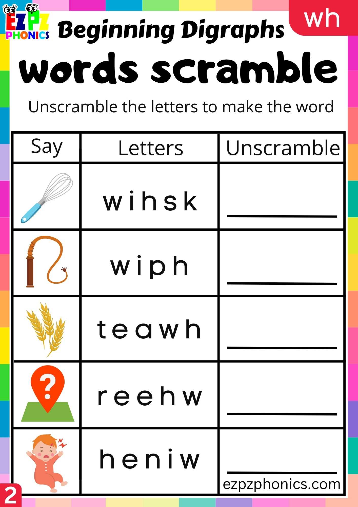 Group2 WH Words Words Scramble Consonant Digraphs Phonics Beginning ...