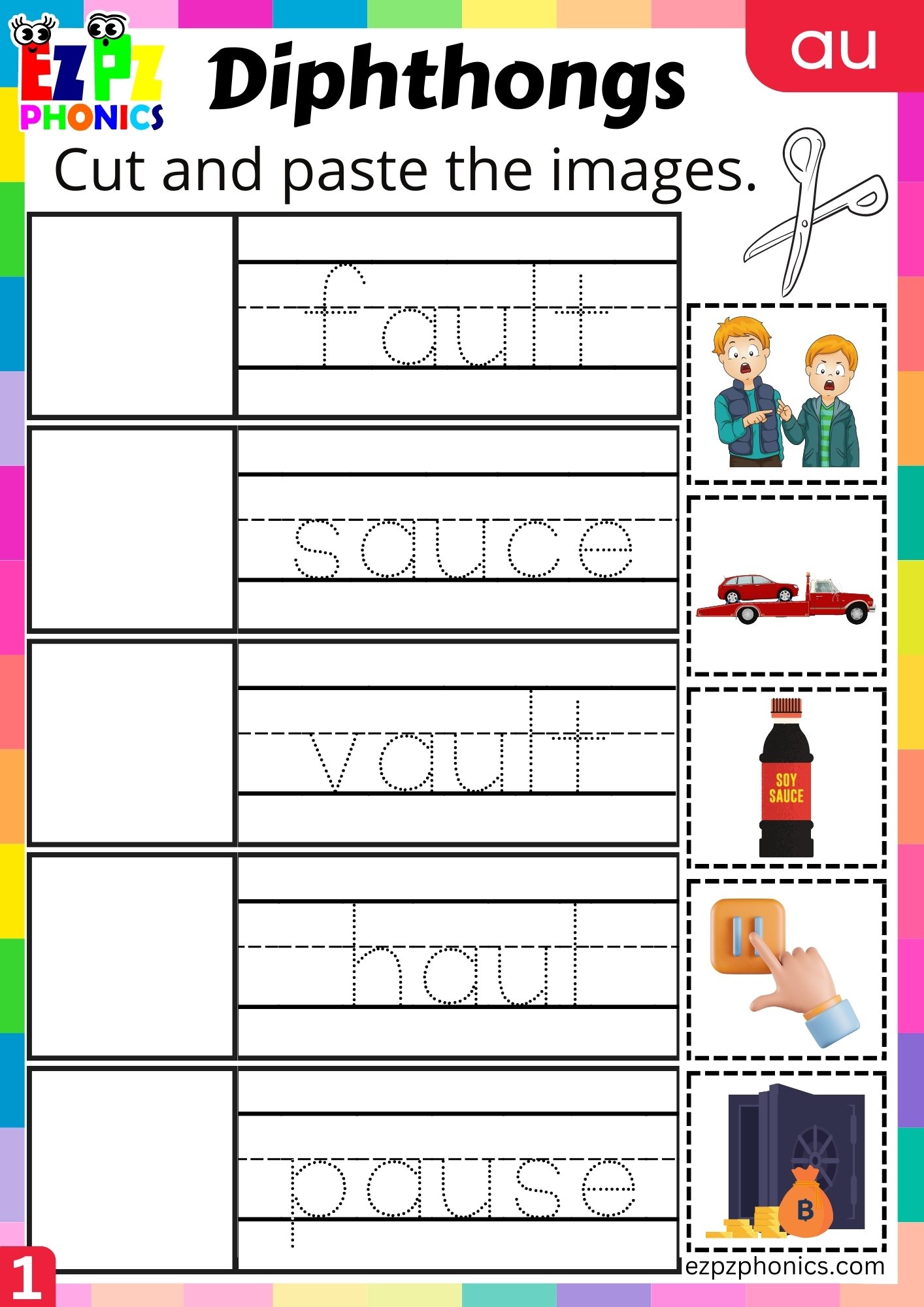 au Diphthong Cut and Paste the Images Worksheet PDF Download ...
