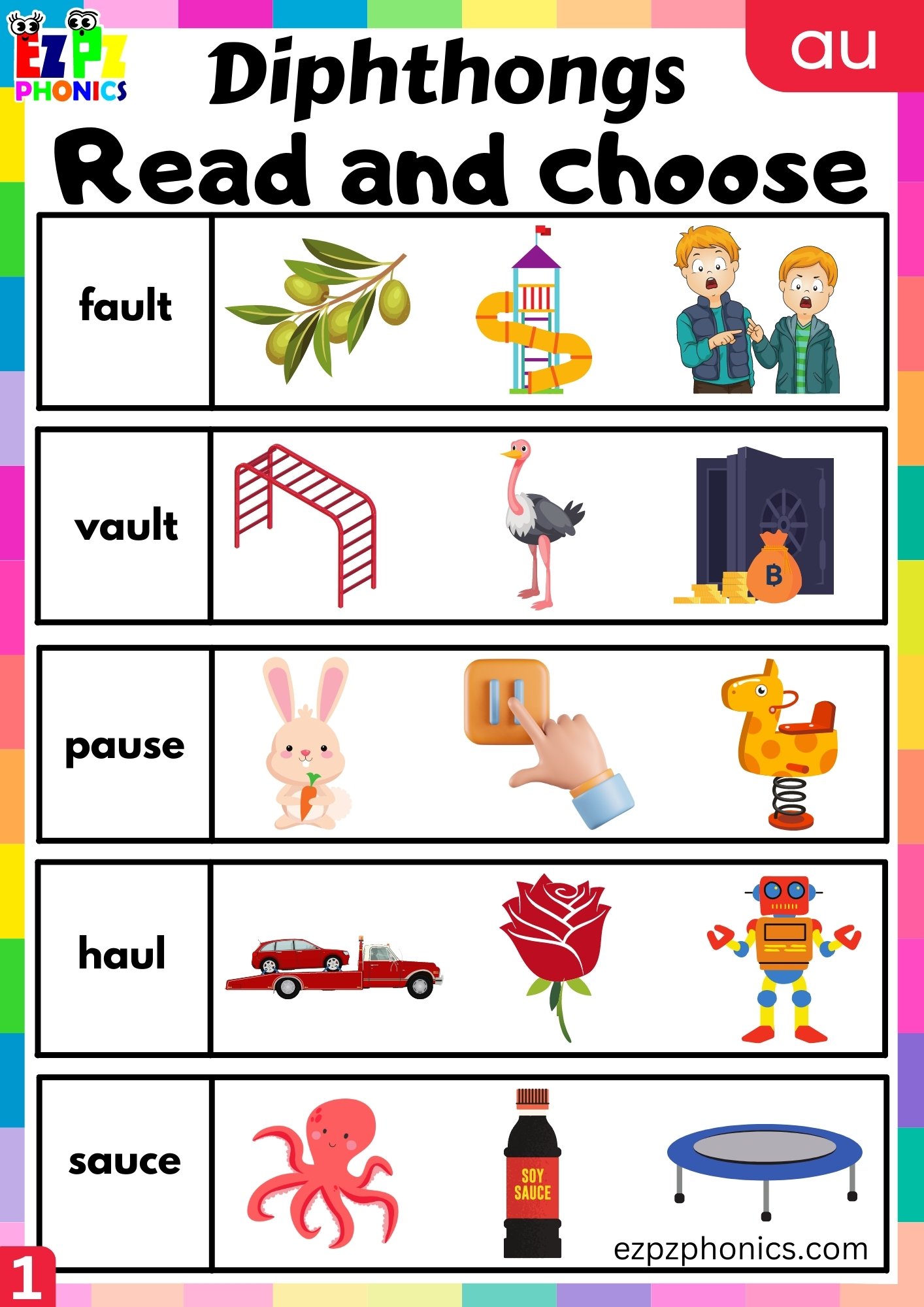 au Diphthong Read the Word and Choose the Correct Image Worksheet PDF ...