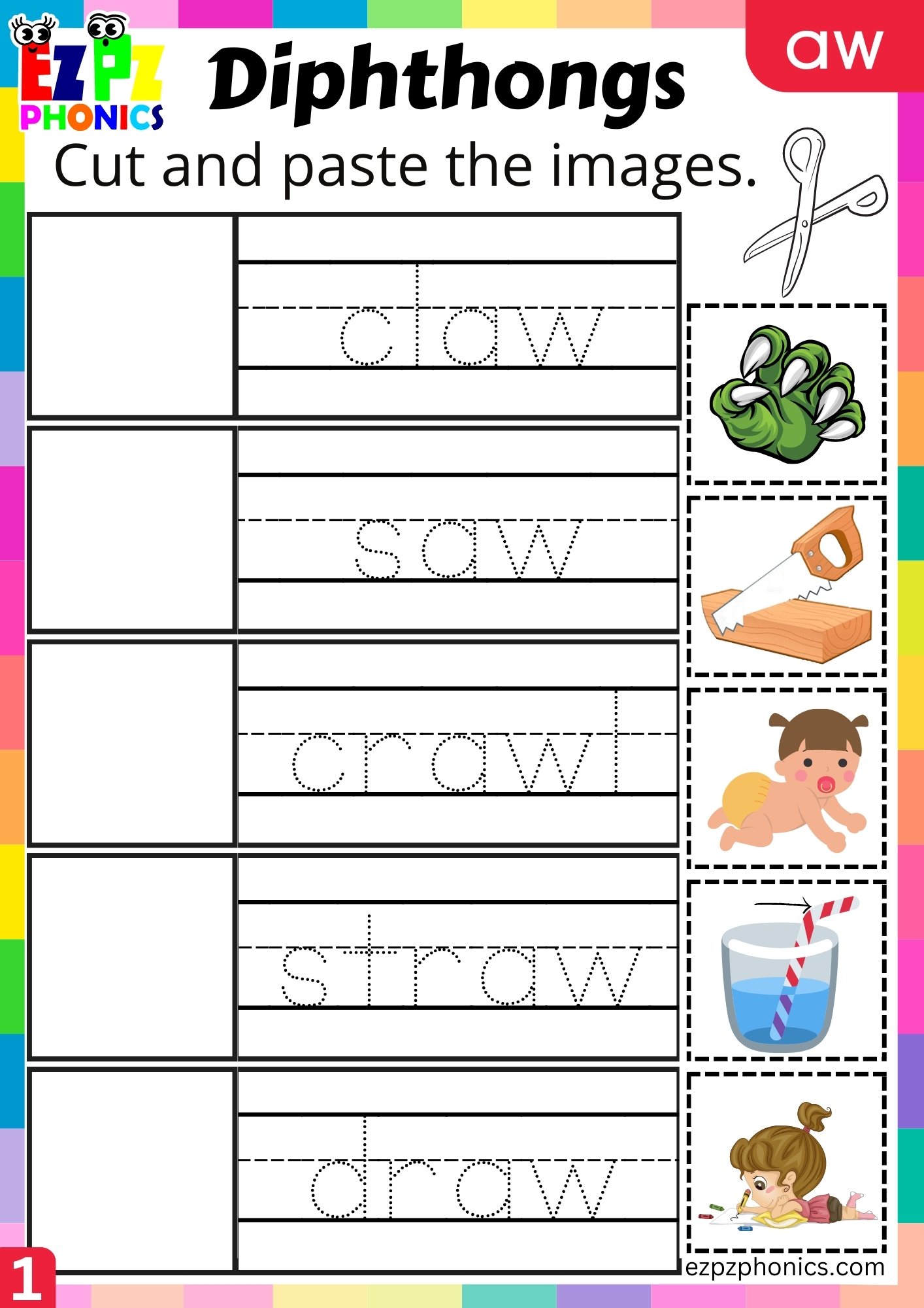 aw Diphthong Cut and Paste the Images Worksheet PDF Download ...