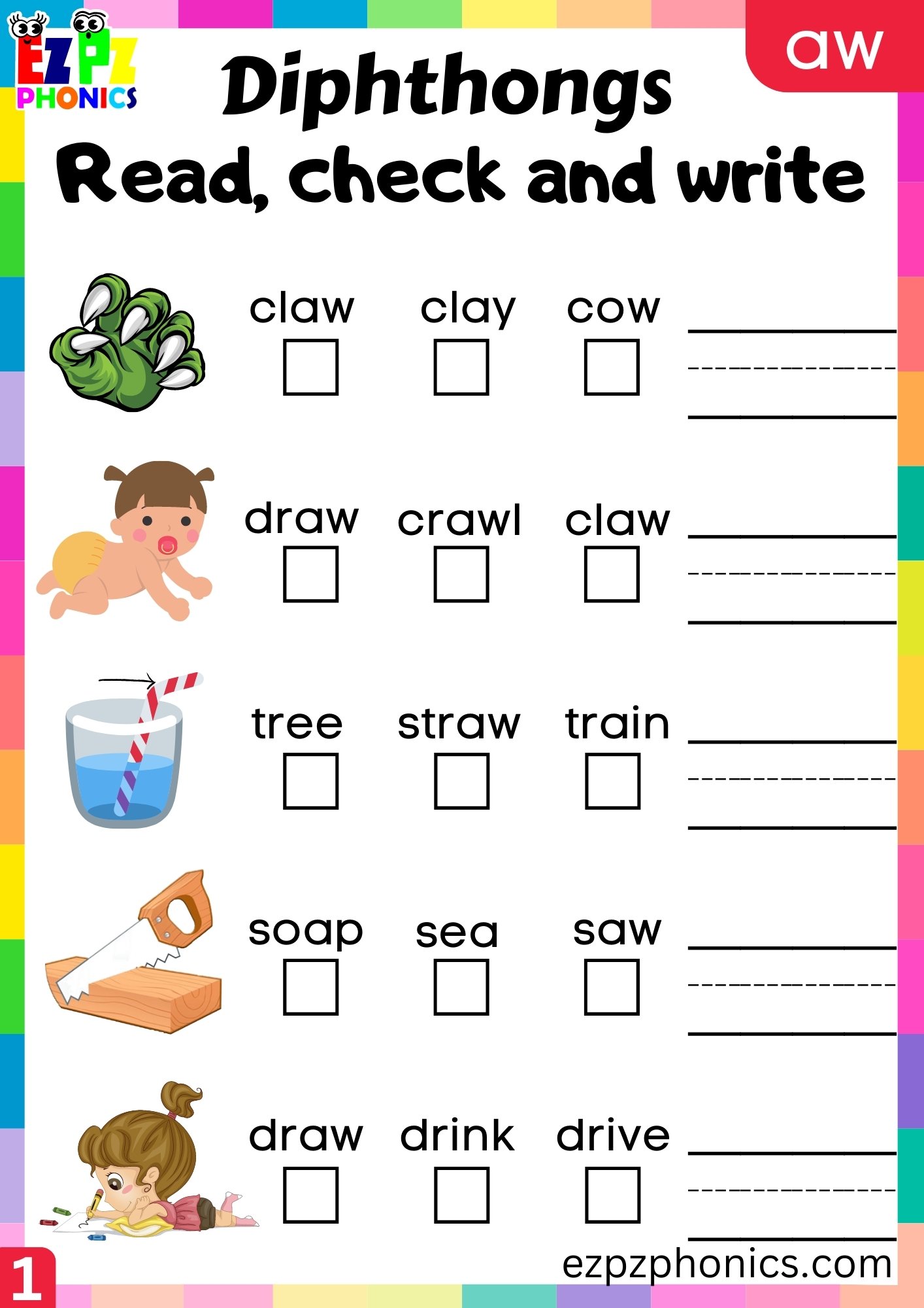aw Diphthong Read Check and Write Worksheet PDF Download - ezpzphonics.com