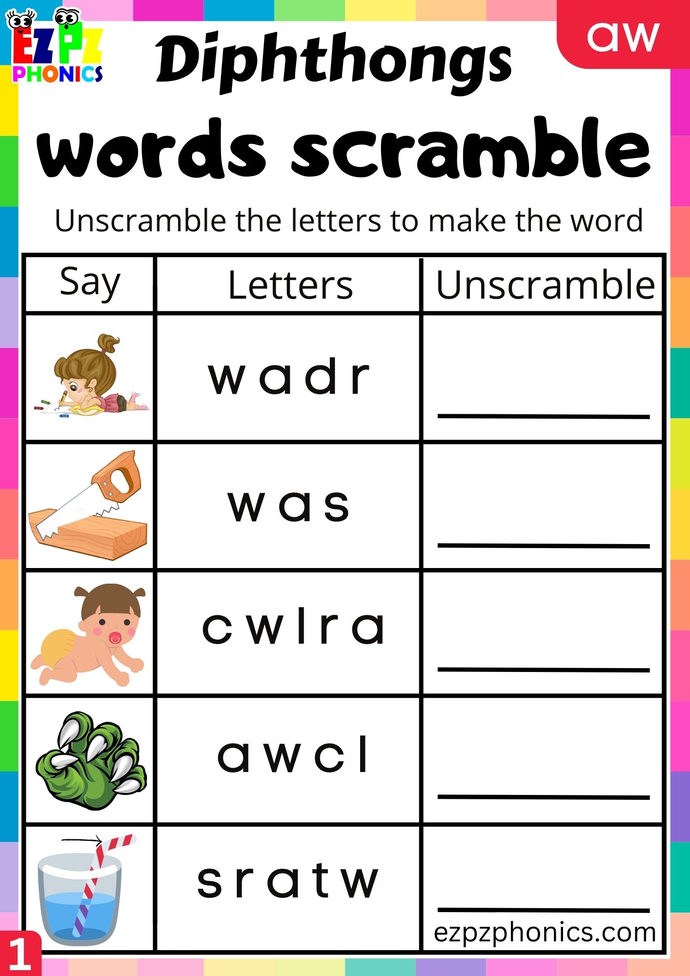 aw Diphthong Word Scramble Worksheet PDF Download - ezpzphonics.com