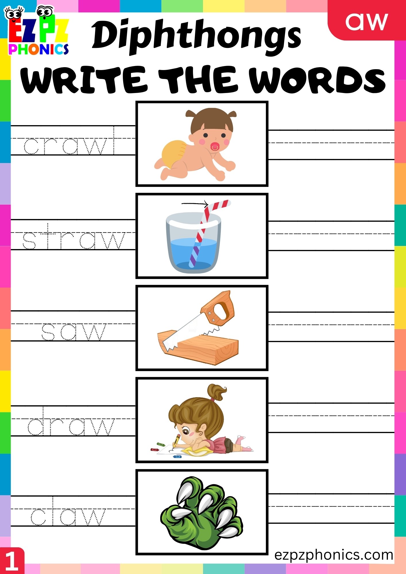 aw Diphthong Write the Words Worksheet PDF Download - ezpzphonics.com