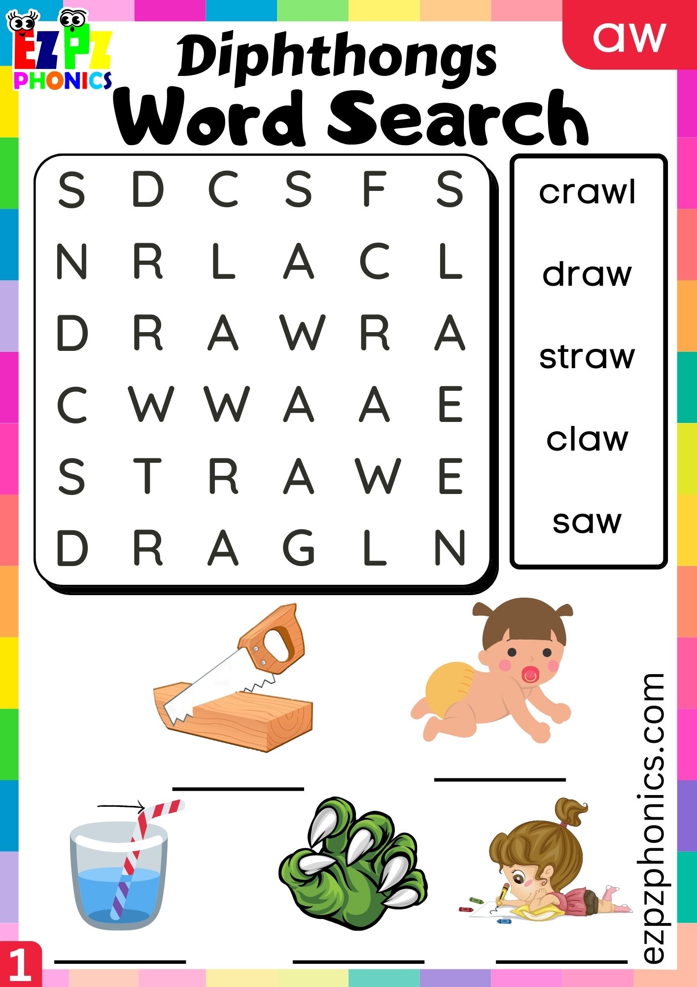 aw Diphthongs Word Search Write and Find the Words Activity ...