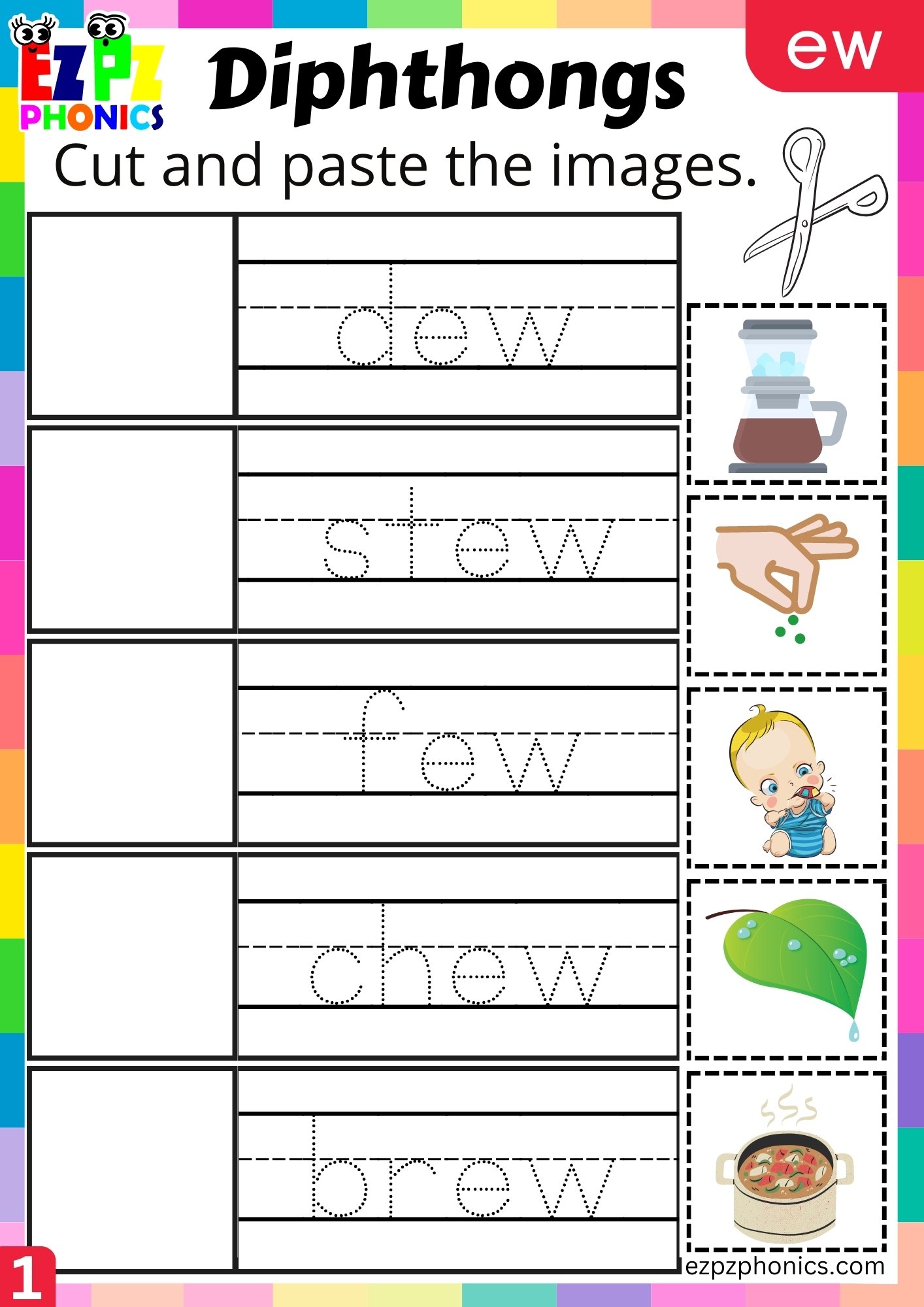 ew Diphthong Cut and Paste the Images Worksheet PDF Download ...