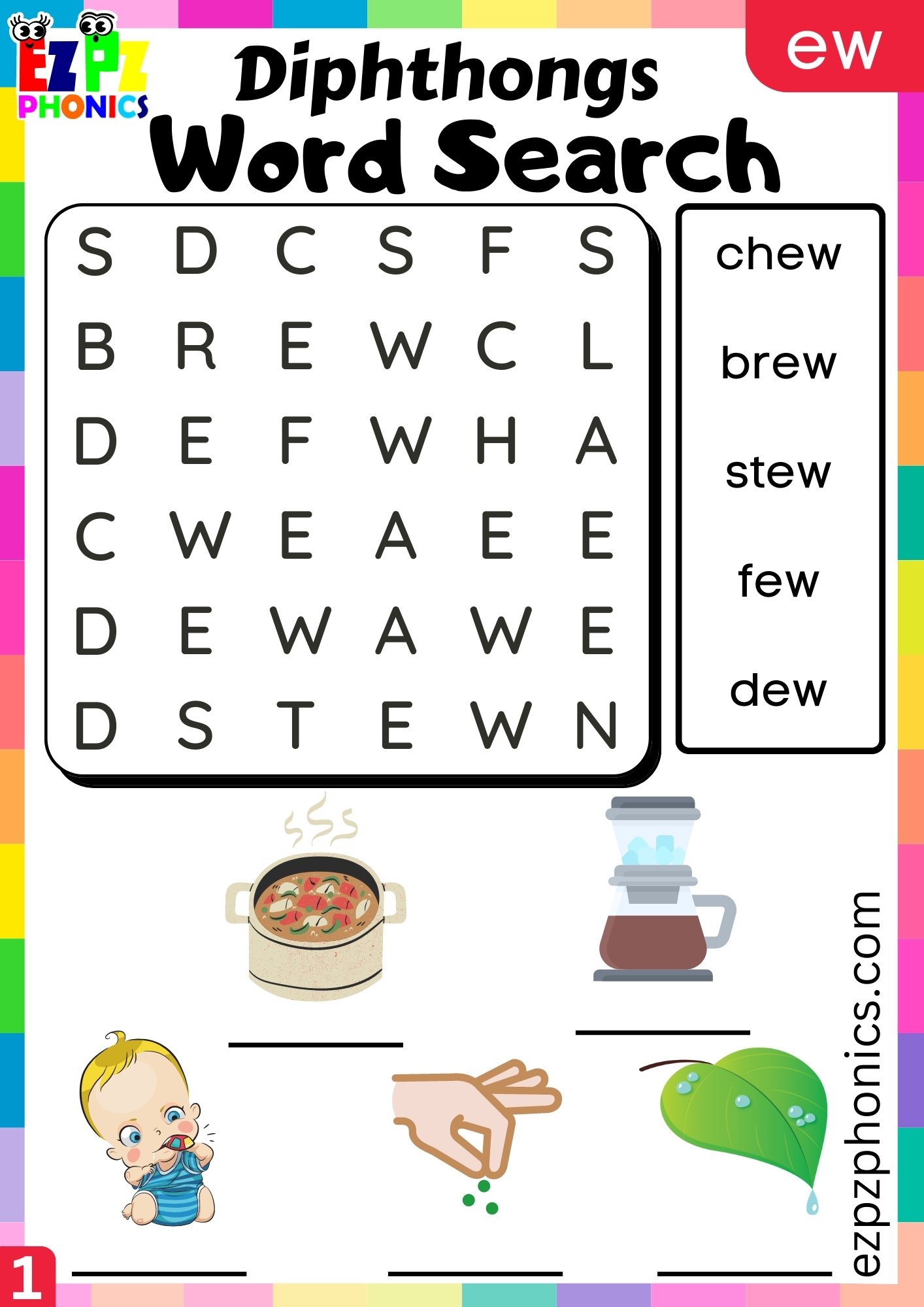 ew Diphthongs Word Search Write and Find the Words Worksheet ...