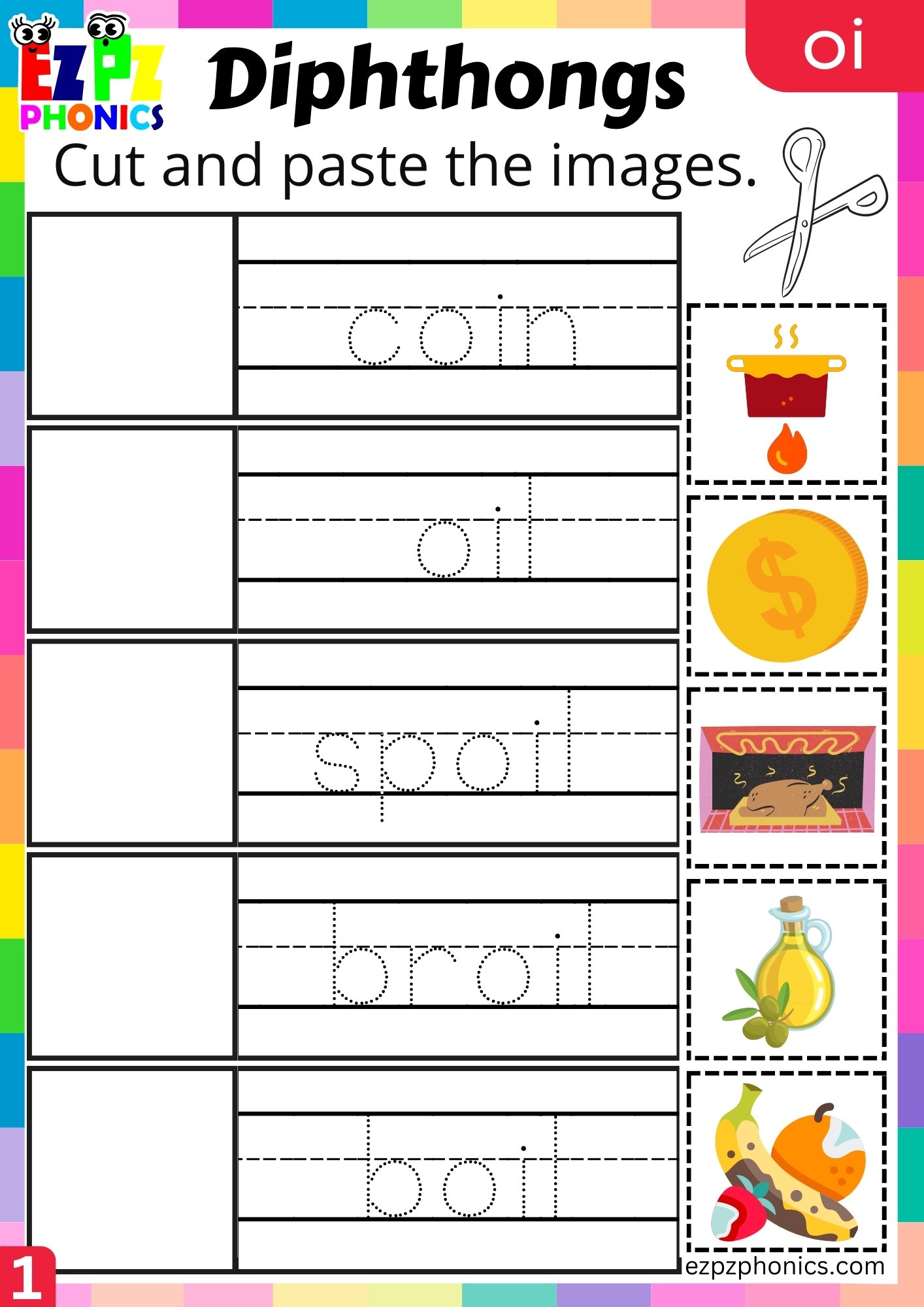 oi Diphthong Cut and Paste the Images Worksheet PDF - ezpzphonics.com
