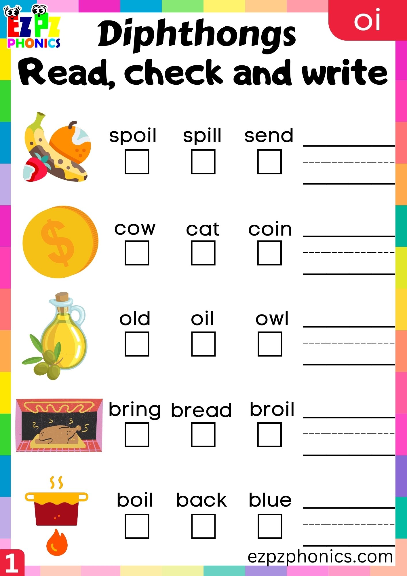 oi Diphthong Read Check and Write Worksheet PDF Download - ezpzphonics.com